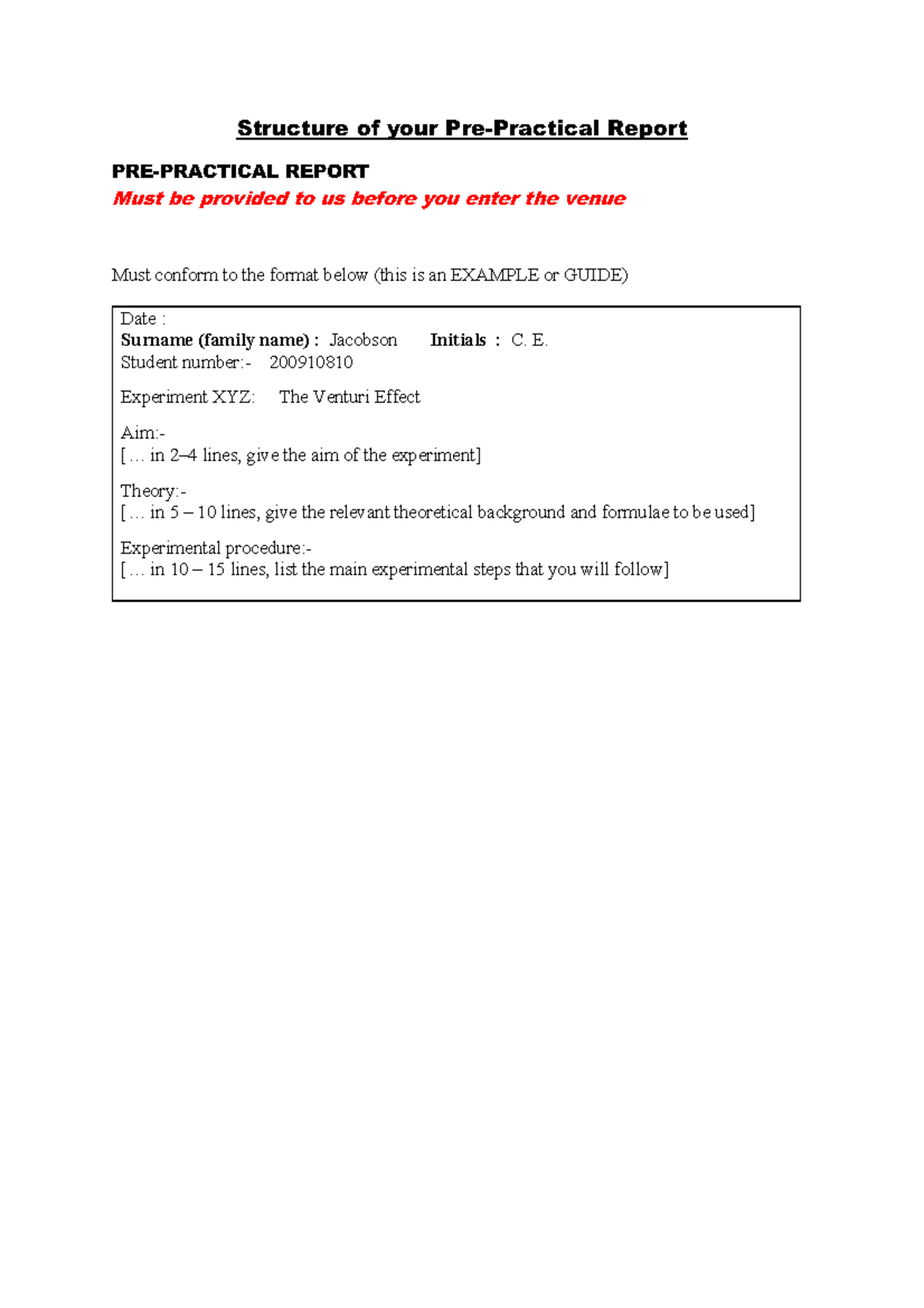 Pre-Practical Report Structure - Structure of your Pre-Practical Report PRE-PRACTICAL REPORT ...