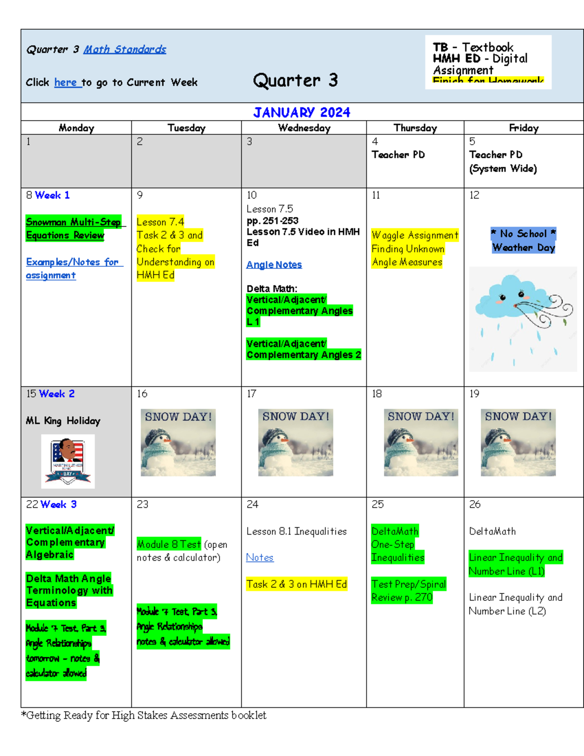 Quarter 3 Assignment Calendar - Quarter 3 Math Standards Click here to ...