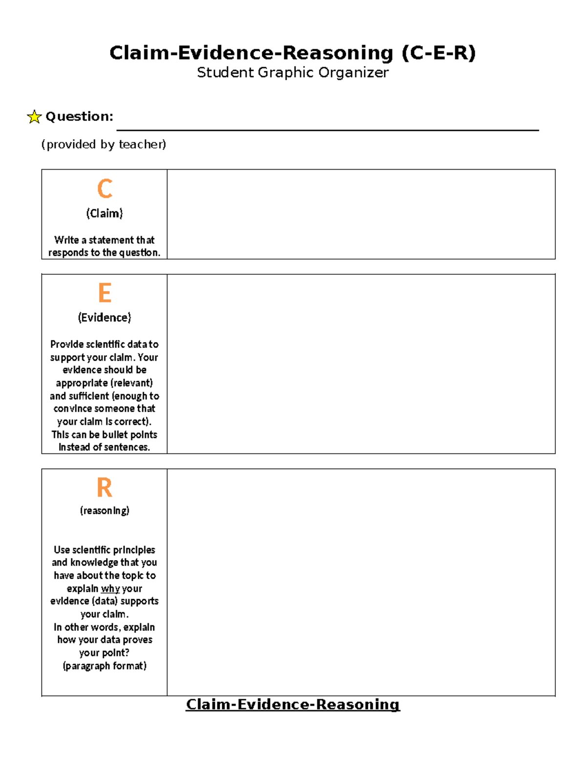 CER template with rubric - Claim-Evidence-Reasoning (C-E-R) Student ...