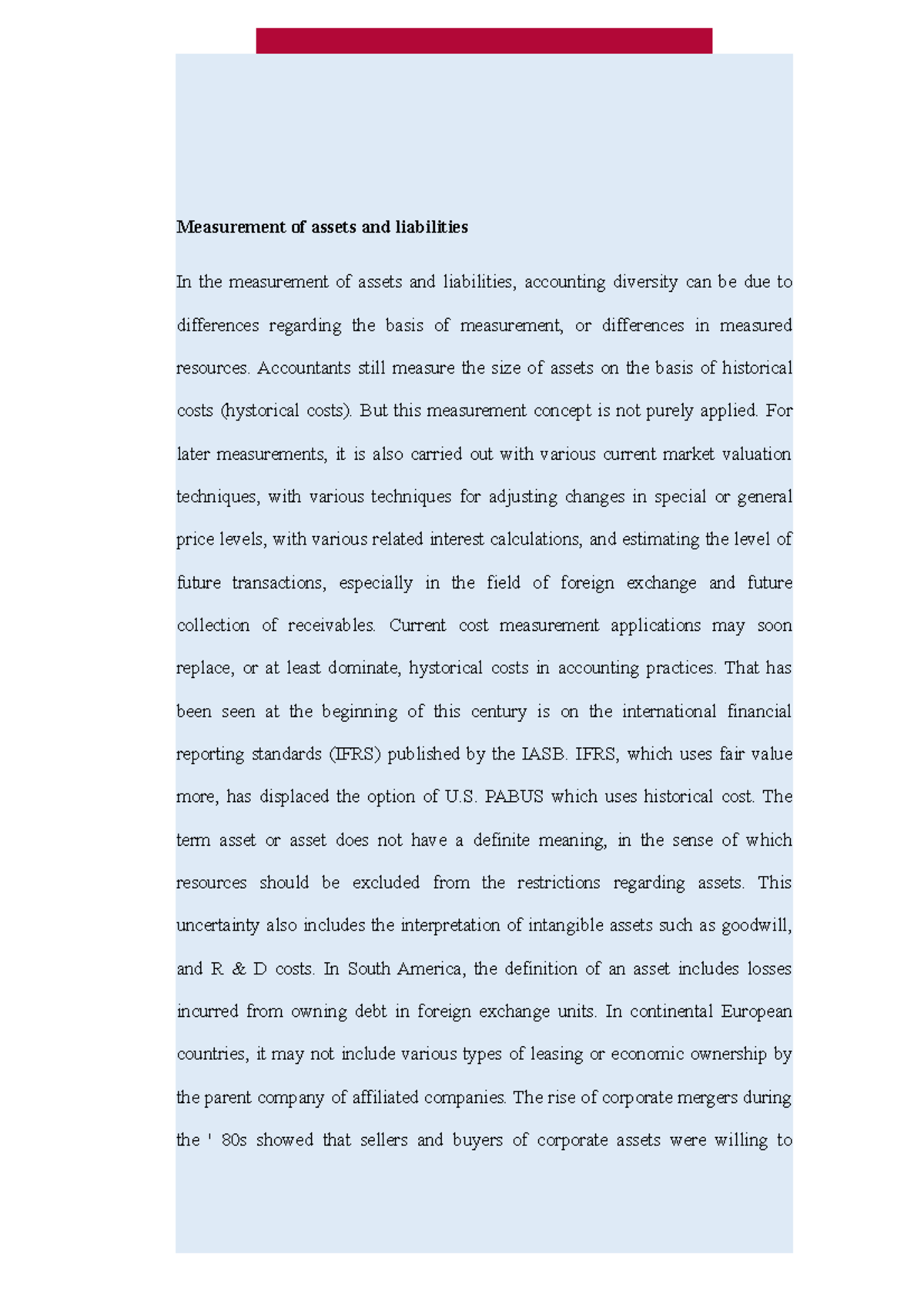 Notes Accounting - Measurement of assets and liabilities - Measurement ...