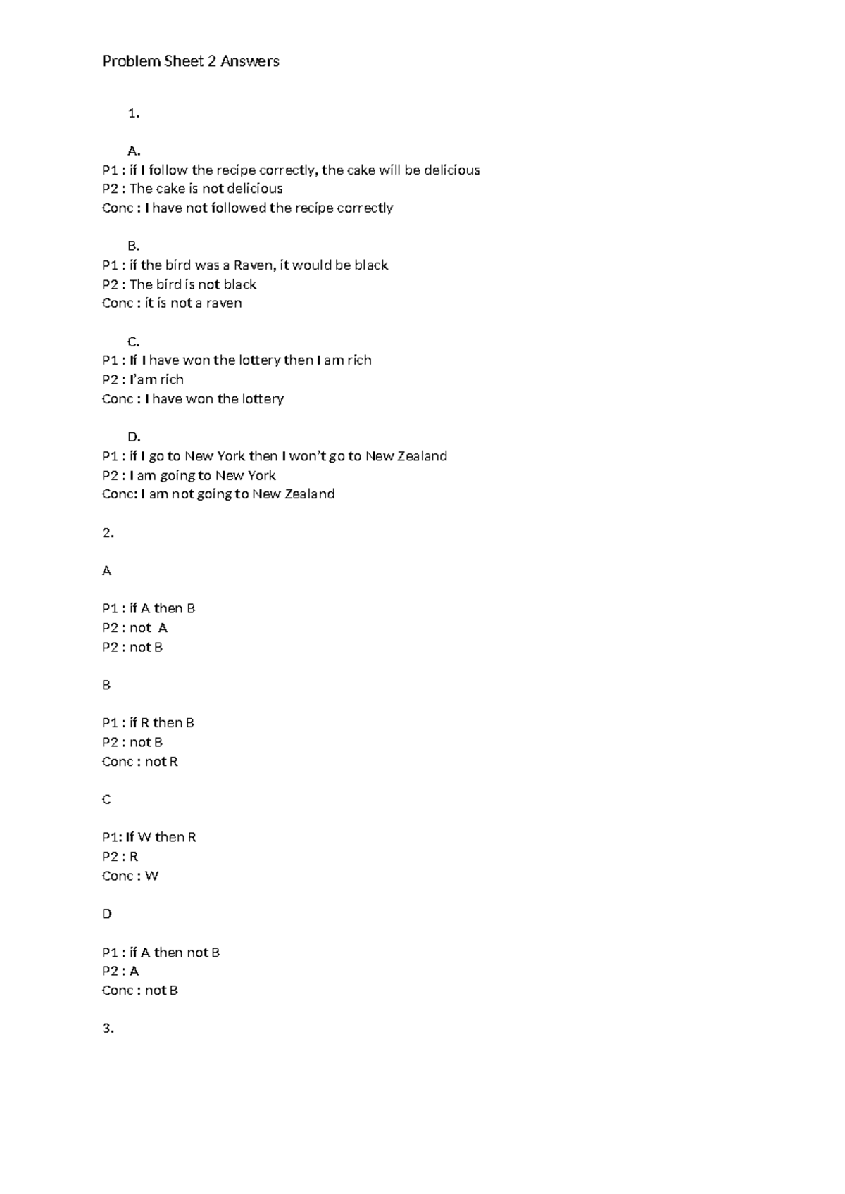 Problem sheet 2 - Problem Sheet 2 Answers 1. A. P1 : if I follow the ...