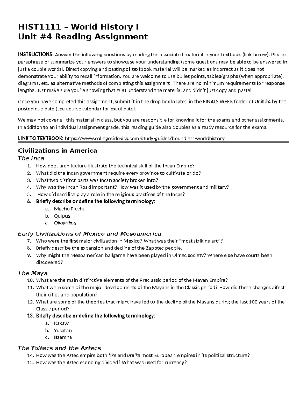 1111 Reading Assignment Unit4 - HIST1111 – World History I Unit #4 ...