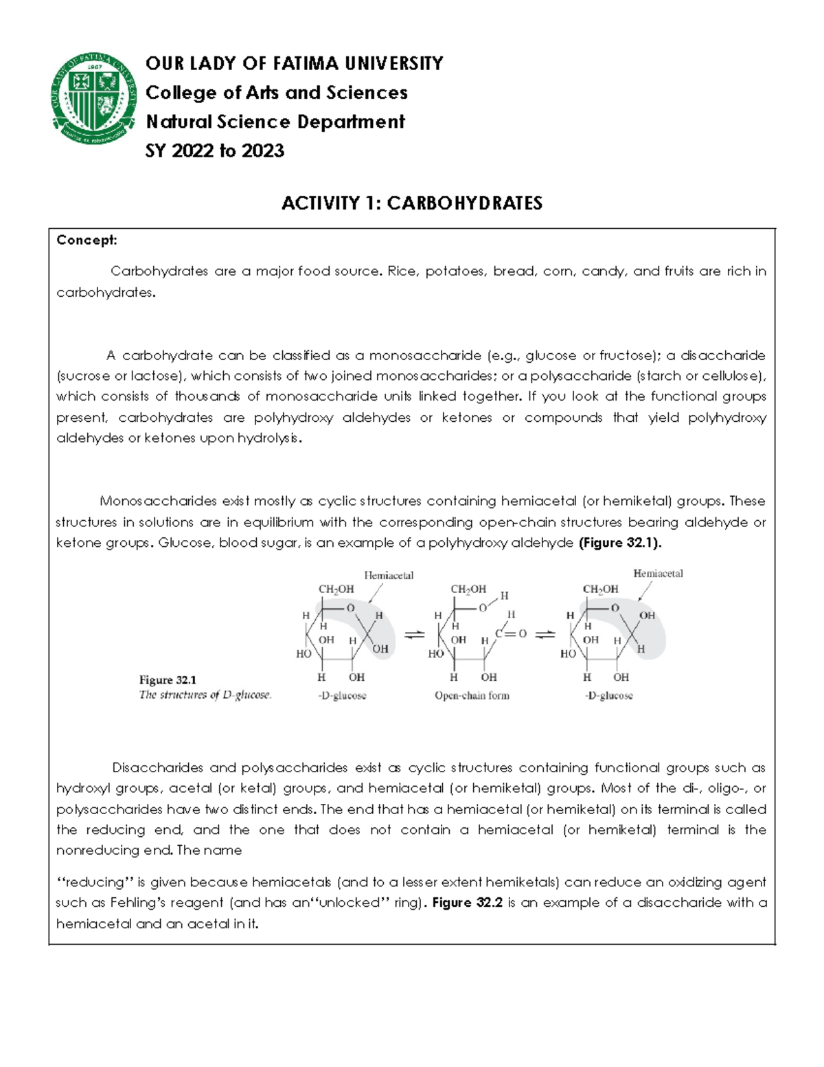 Biochem LAB Activity 1 Carbohydrates - OUR LADY OF FATIMA UNIVERSITY ...