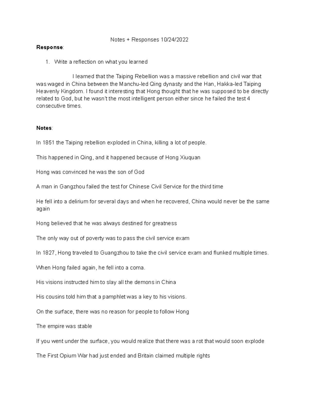 VN Taiping Rebellion - Notes + Responses 10/24/ Response: Write a ...