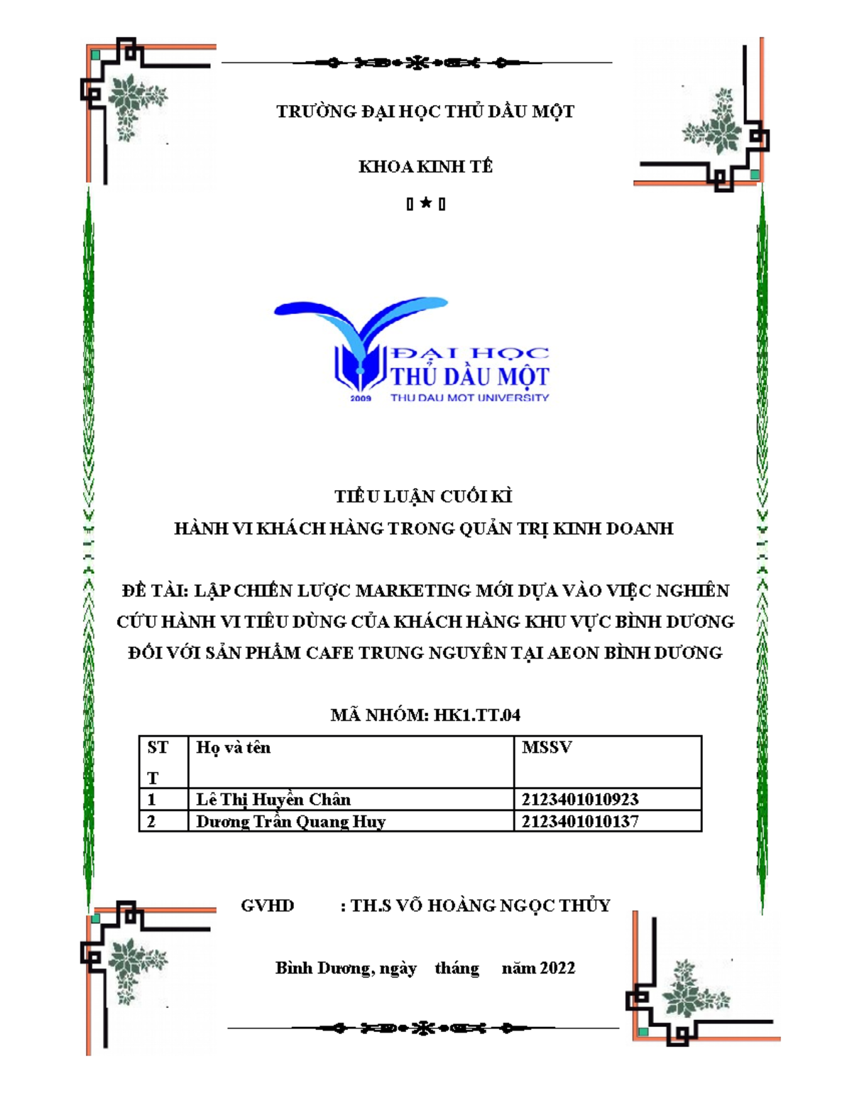 MẪU TIỂU LUẬN HVKH HK1 2022-2023 1 - TRƯỜNG ĐẠI HỌC THỦ DẦU MỘT KHOA ...