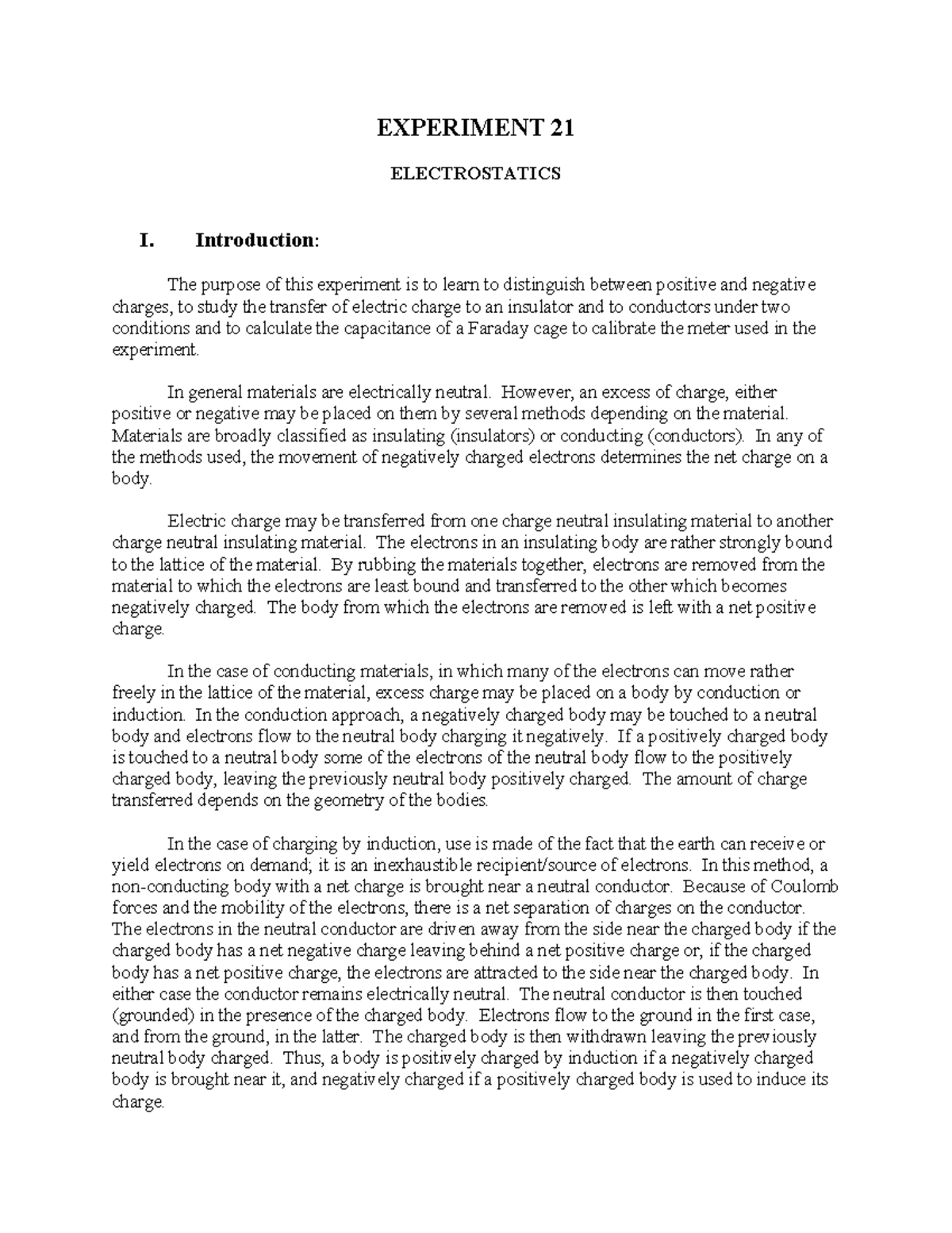 Experiment 21 Electrostatics - EXPERIMENT 21 ELECTROSTATICS I ...