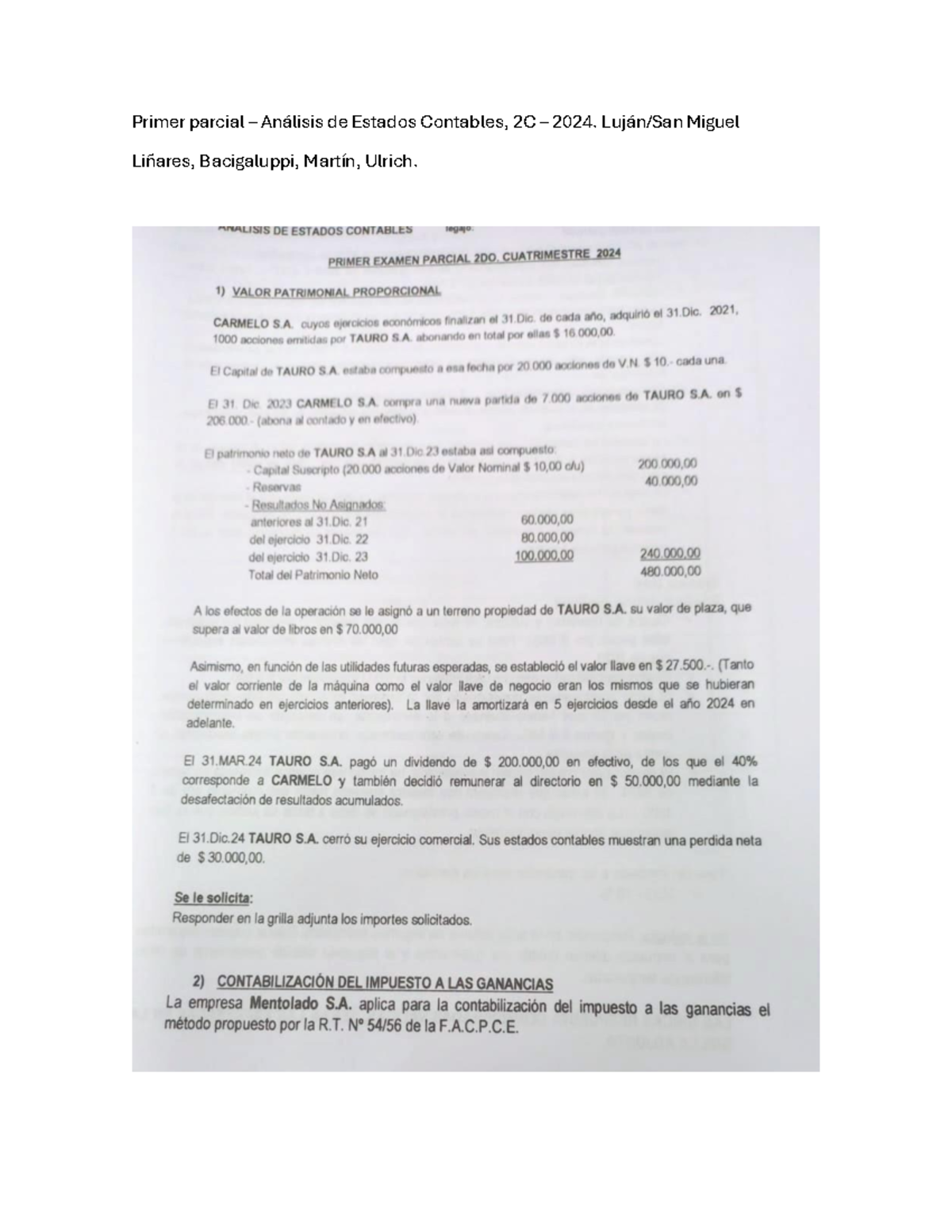 Primer Parcial - 2C 2024 - EECC - Análisis de Estados Contables - Primer parcial – Análisis de ...