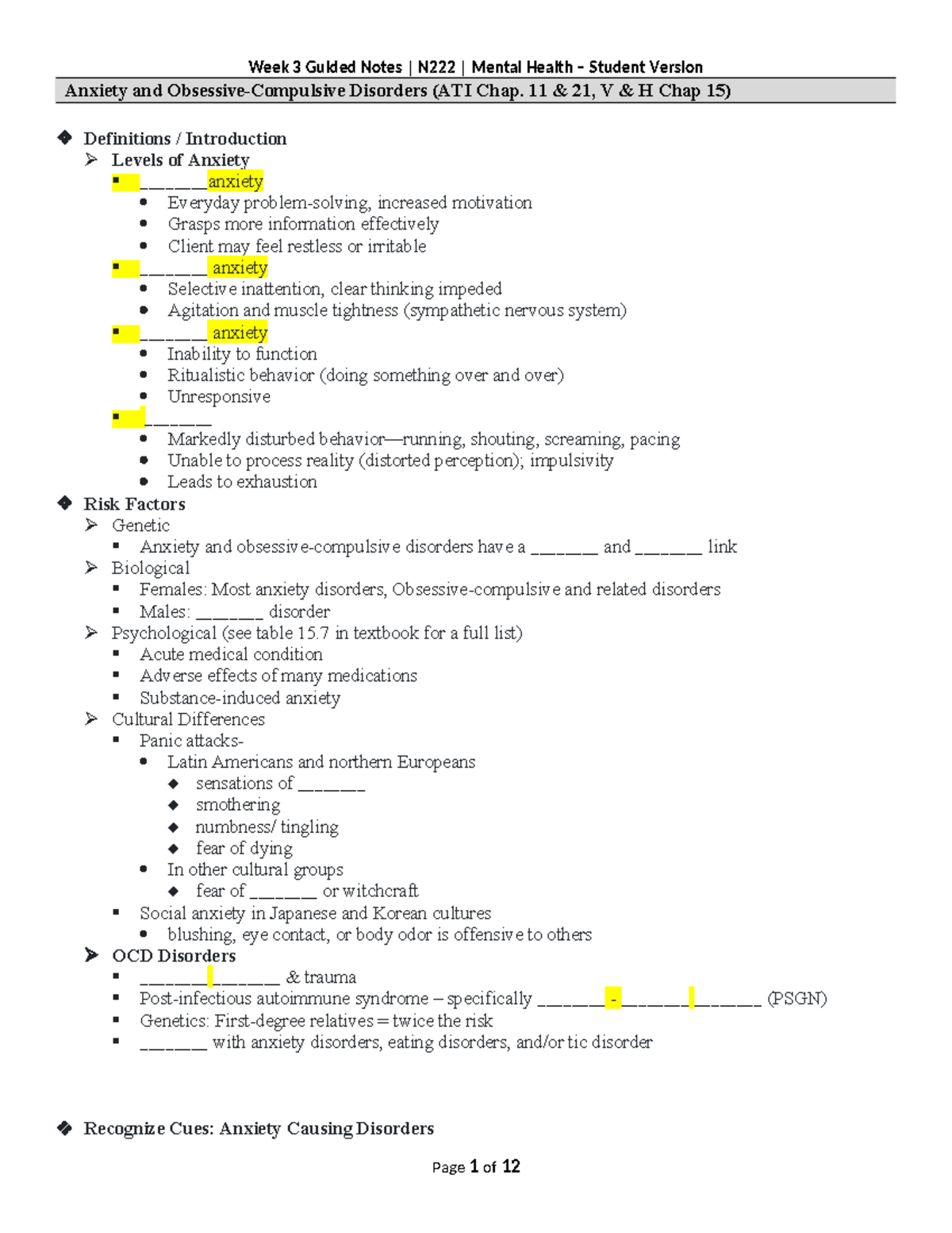 Guided Notes N222 Class 3 Anxiety, OCD, and Stress Disorders (P) copy ...