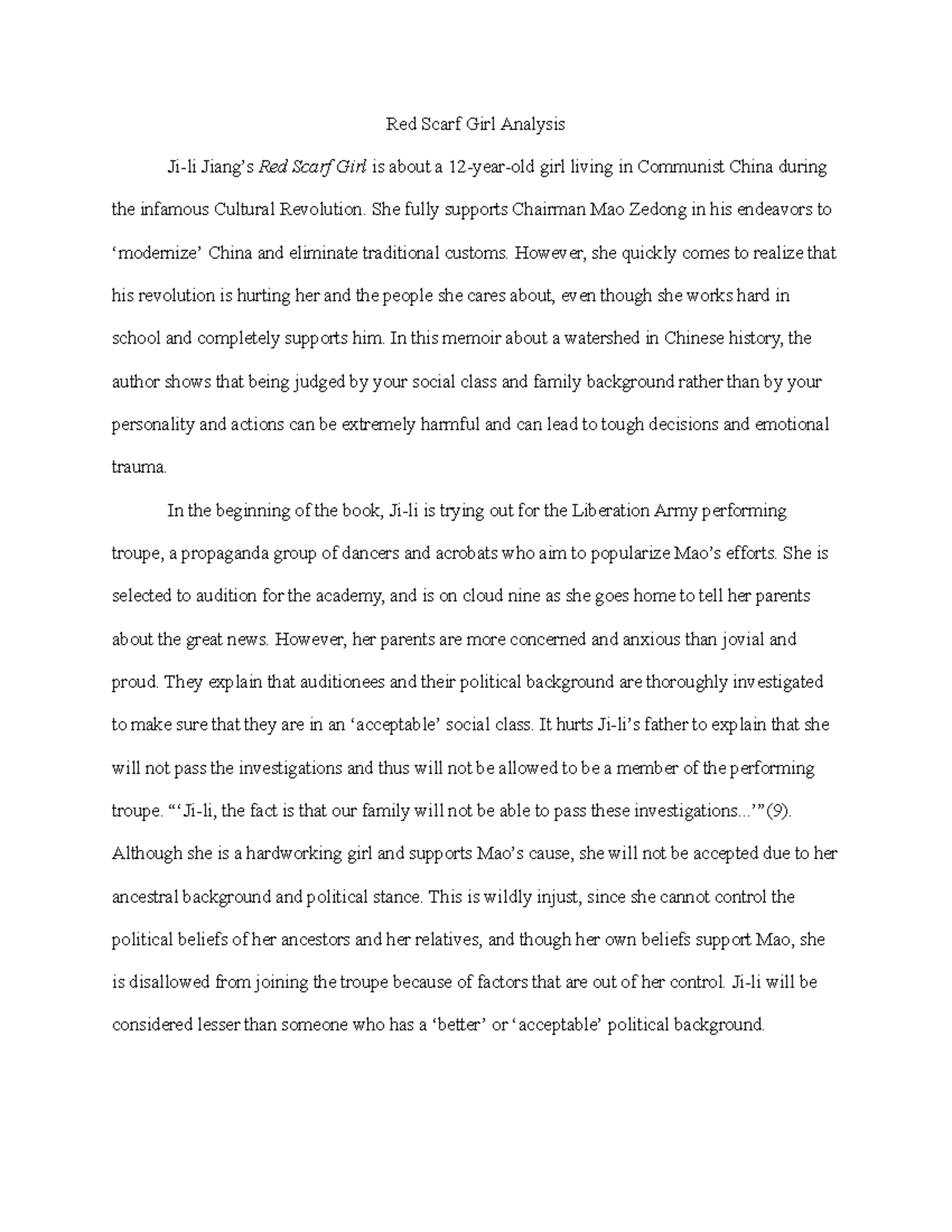 Red Scarf Girl Essay - Red Scarf Girl Analysis Ji-li Jiang’s Red Scarf ...