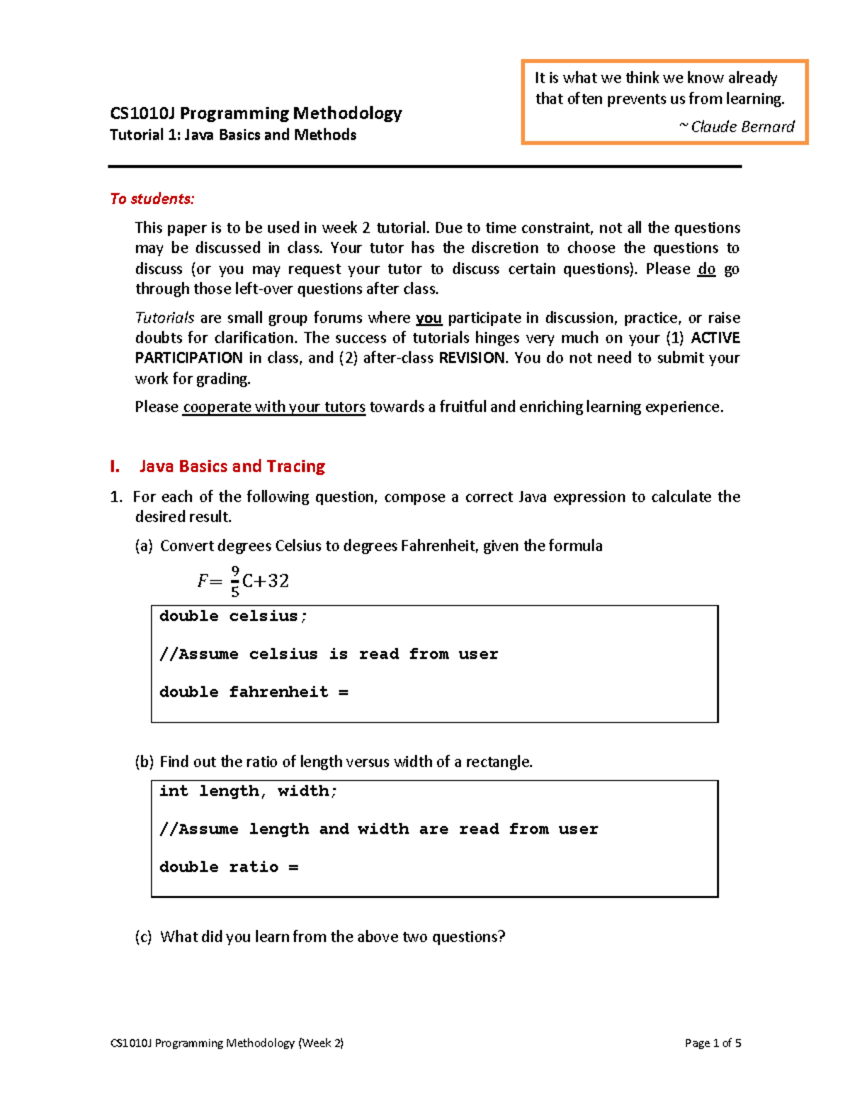 Tutorial 1 Qns Cs1010j Programming Methodology Tutorial 1 Java