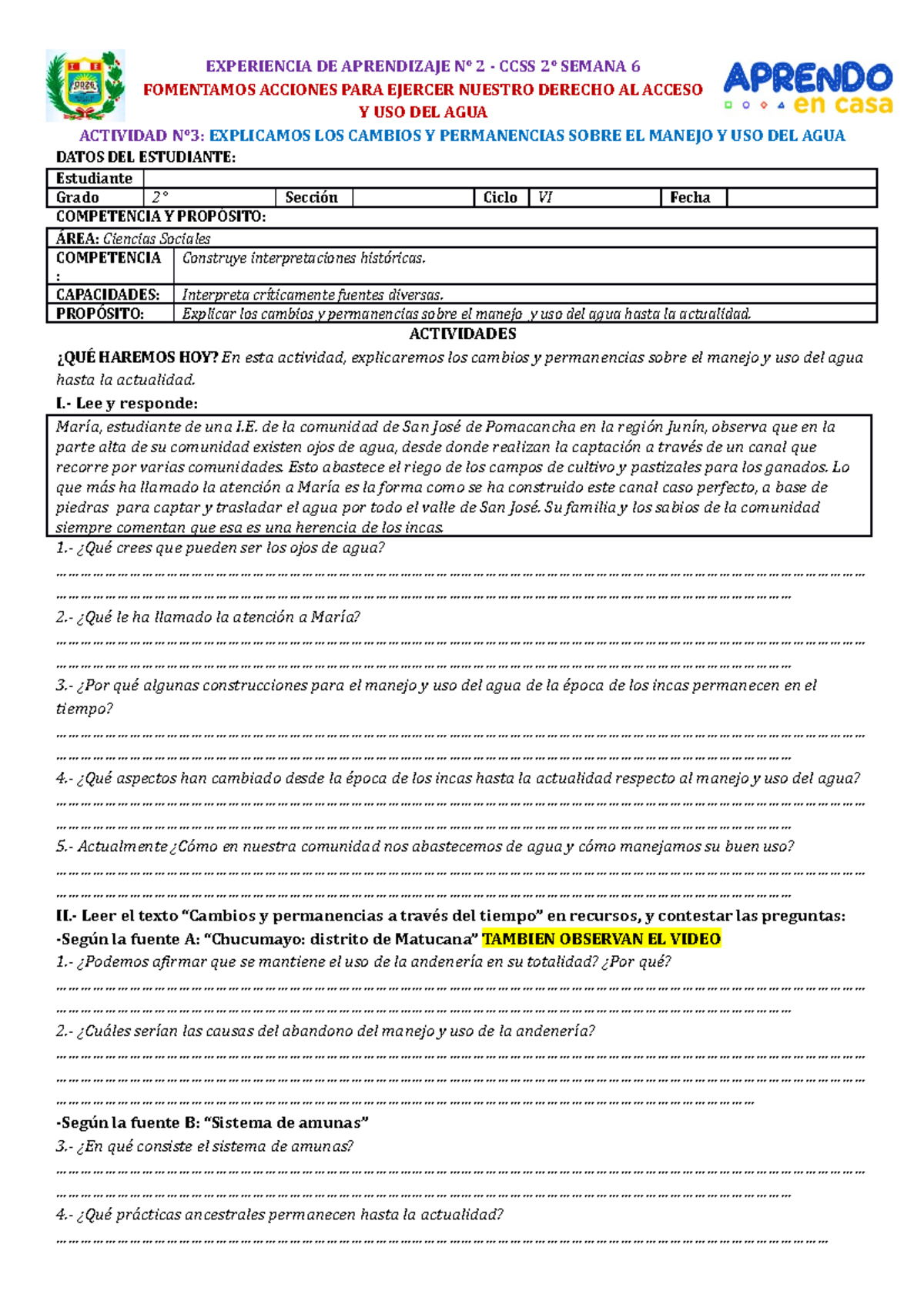CCSS 2° Actividad SEM. 6 - EXPERIENCIA DE APRENDIZAJE N° 2 - CCSS 2° SEMANA 6 FOMENTAMOS ...
