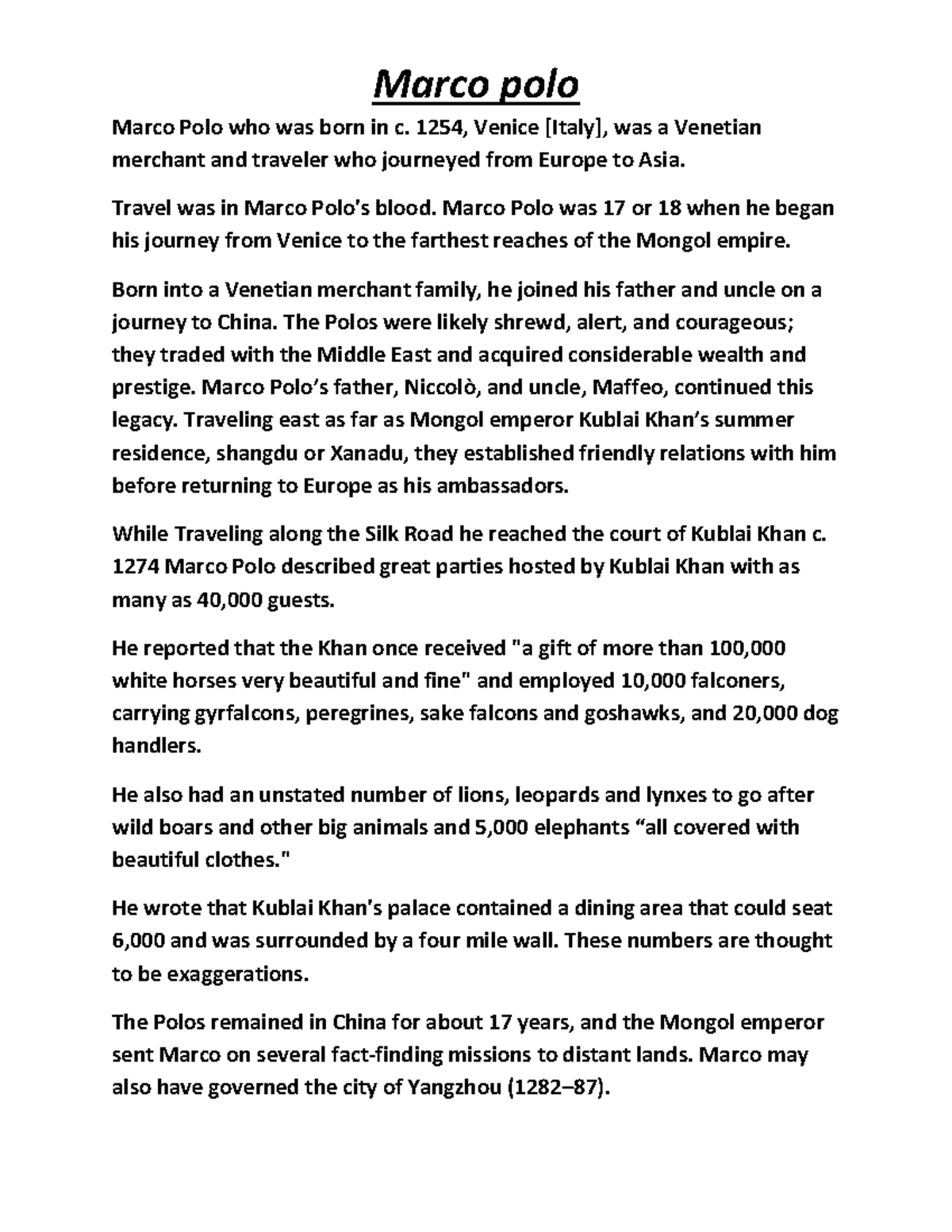 Marco Polo - Marco polo Marco Polo who was born in c. 1254, Venice ...