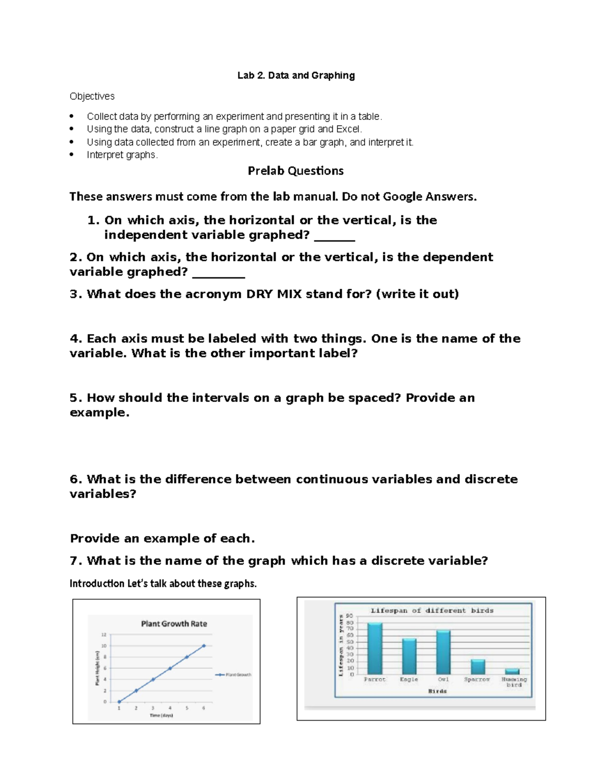 Lab 2 Data And Graphing Prelab Lab 2 Data And Graphing Objectives