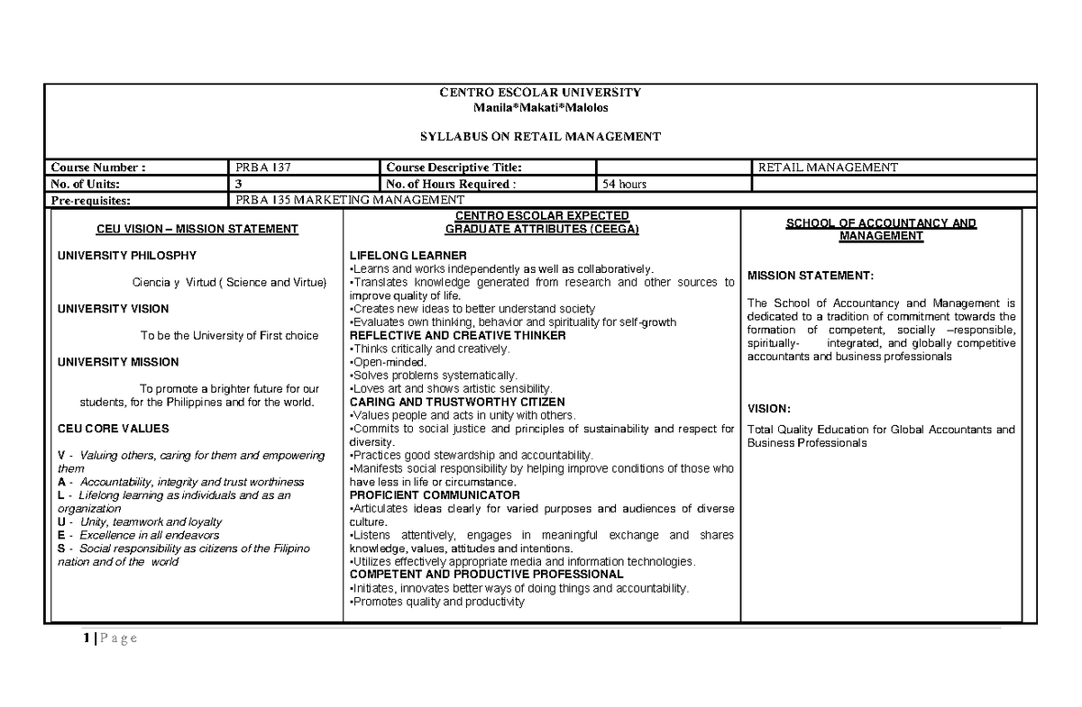 PRBA 137 Retail Management 0 - CENTRO ESCOLAR UNIVERSITY ...