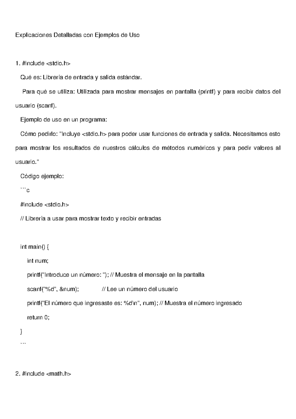 Explicaciones C Metodos Numericos - Explicaciones Detalladas con Ejemplos de Uso #include - Studocu