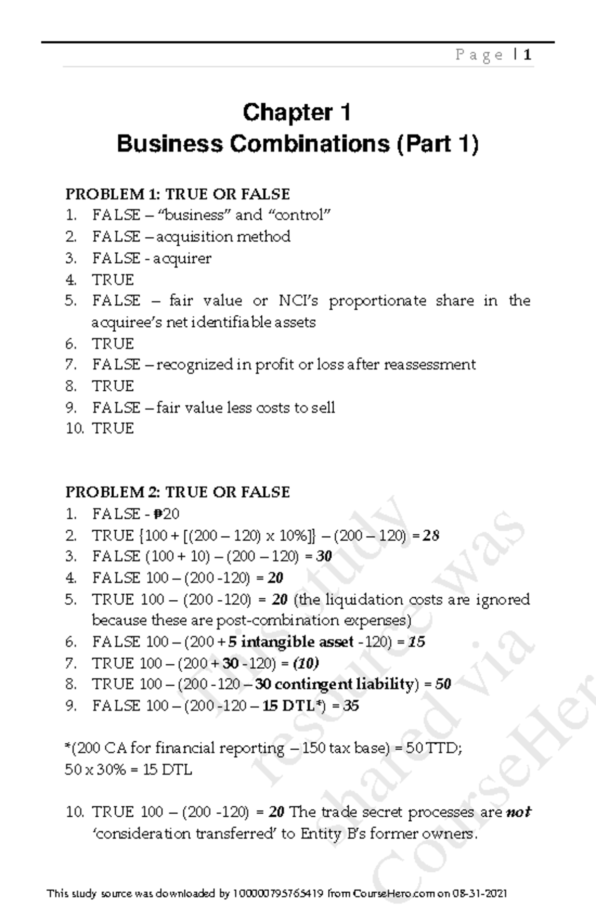 Chapter 1- Business Combinations (Part 1) - Chapter 1 Business Combinations (Part 1) PROBLEM 1 ...