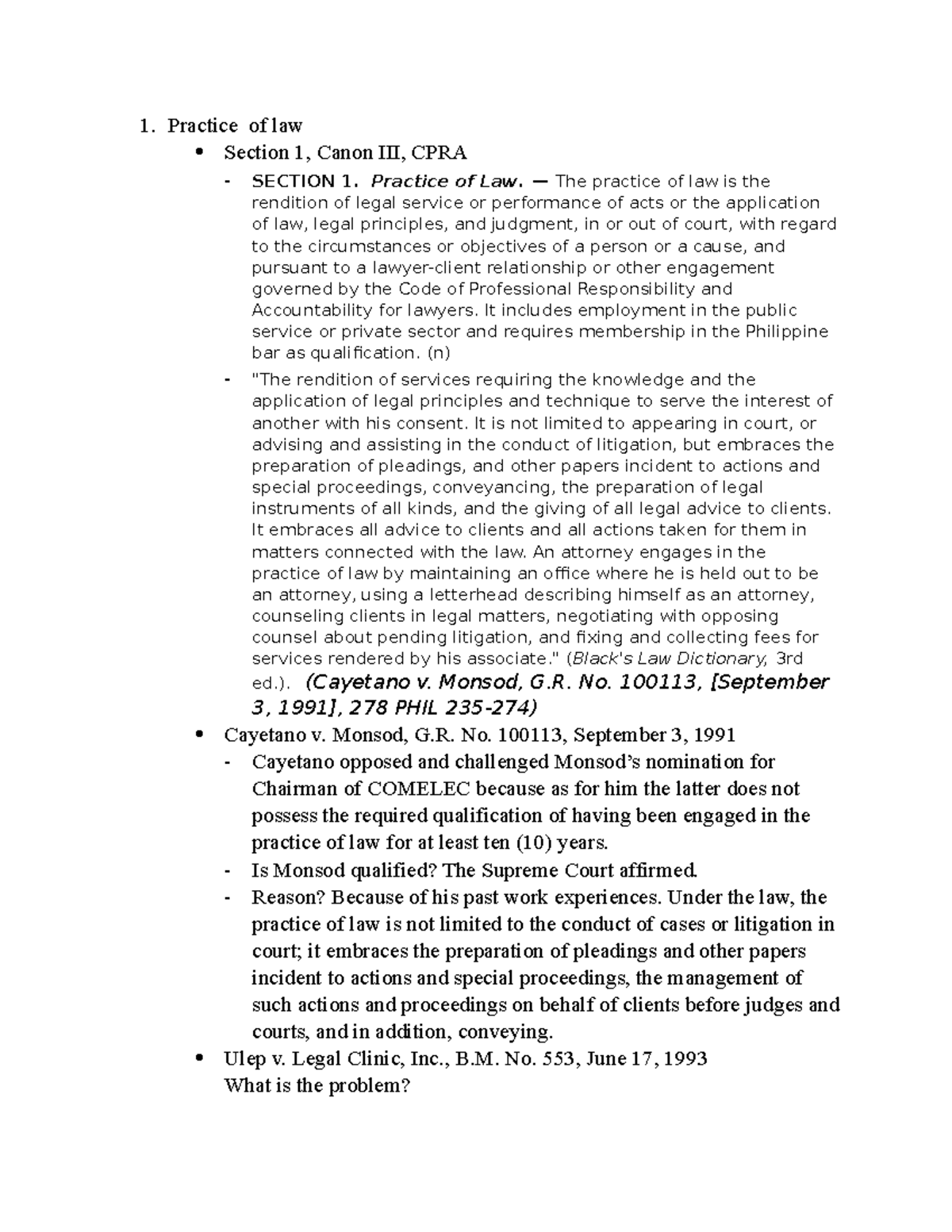 PALE - 1. Practice of law Section 1, Canon III, CPRA SECTION 1 ...