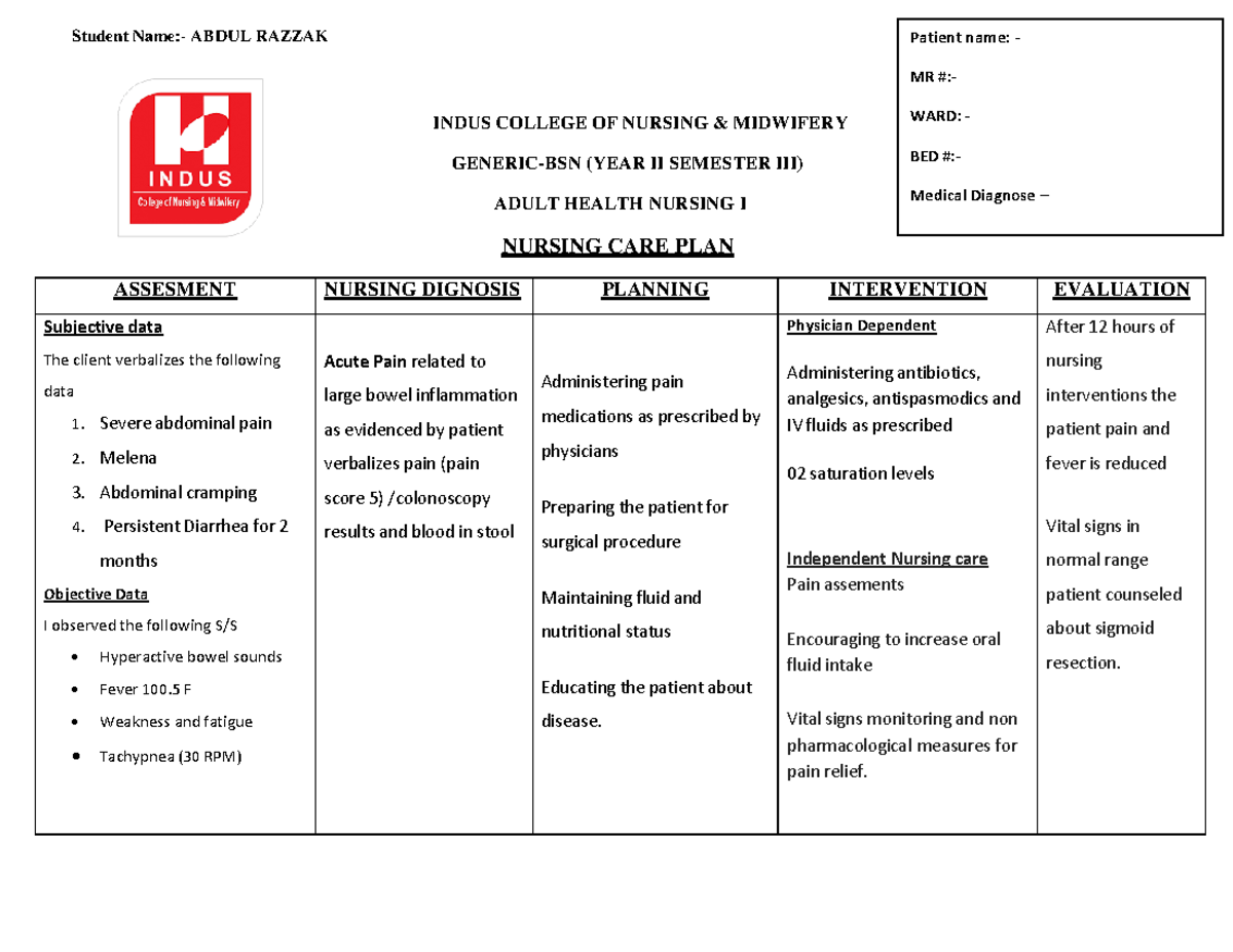 NCP on Diverticular disease - Student Name:- ABDUL RAZZAK INDUS COLLEGE OF NURSING & MIDWIFERY ...