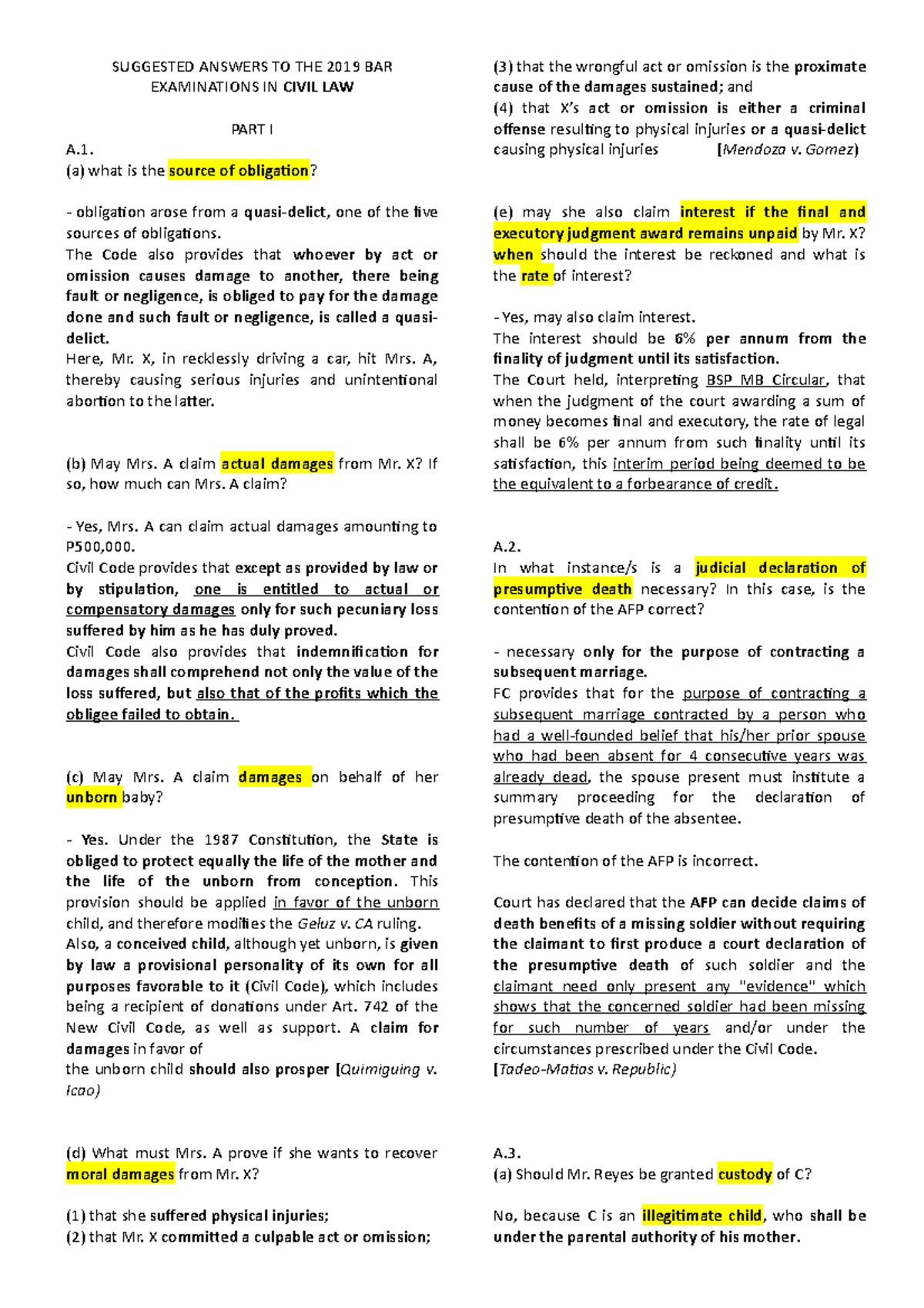 Suggested Answers TO THE 2019 BAR Examinations IN Civil LAW - SUGGESTED ...