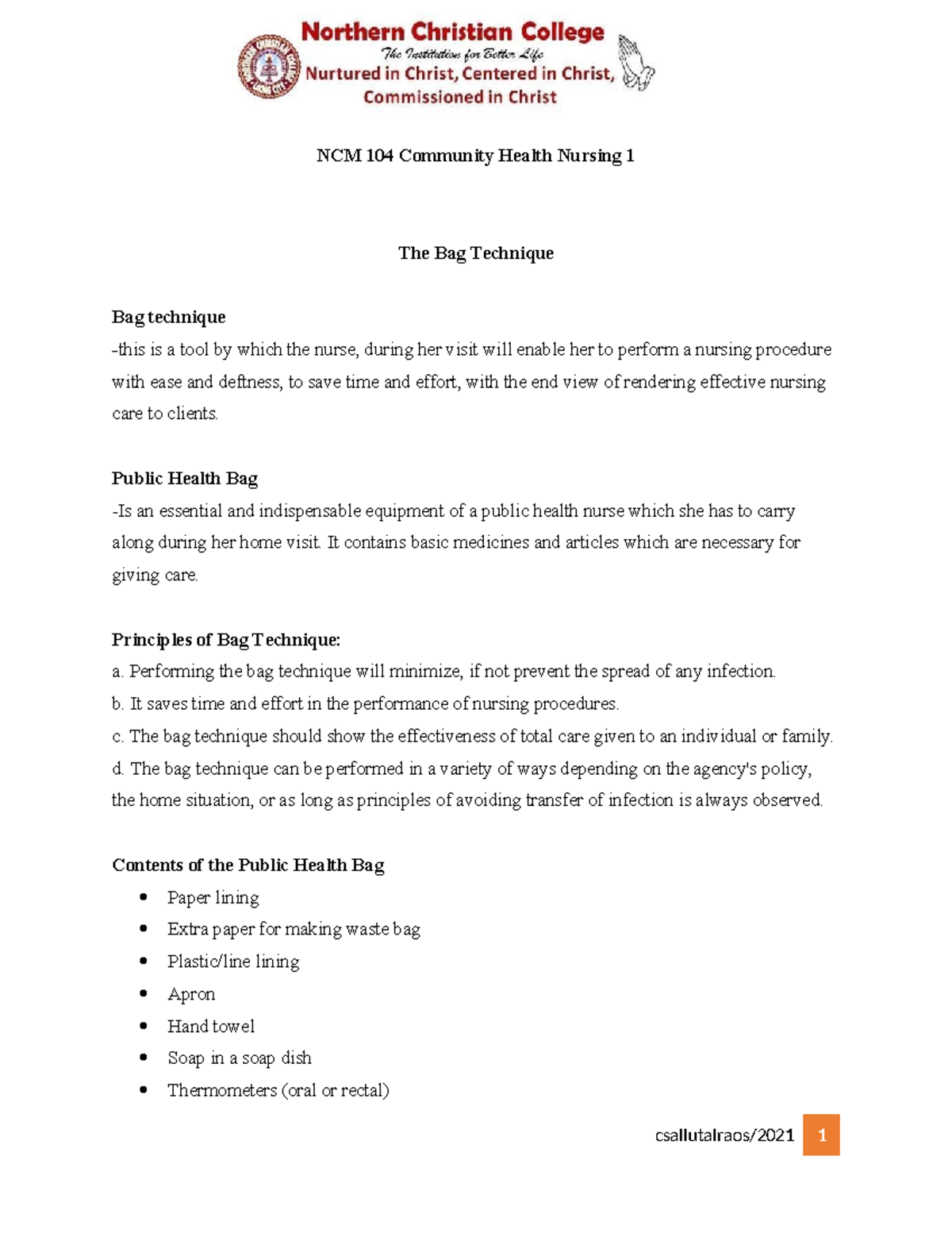 The Bag Technique its importqance and procedures - NCM 104 Community ...