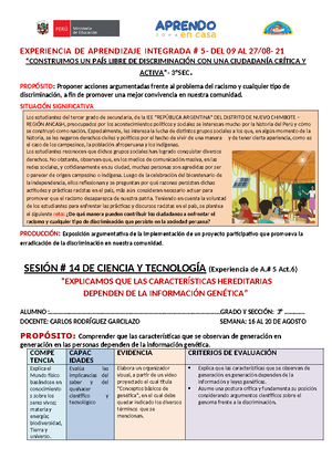 Experiencia DE Aprendizaje N°5 - EXPERIENCIA DE APRENDIZAJE N° 05 PROMOVEMOS ACCIONES PARA UNA ...