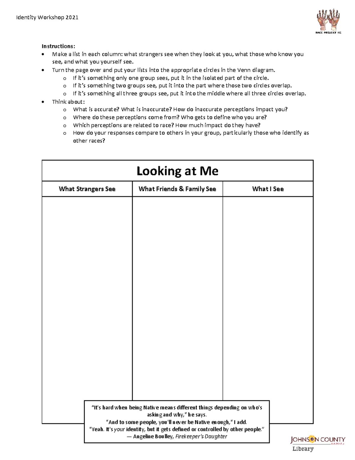 Identity Workshop Looking at Me Venn Diagram - Instructions: Make a ...