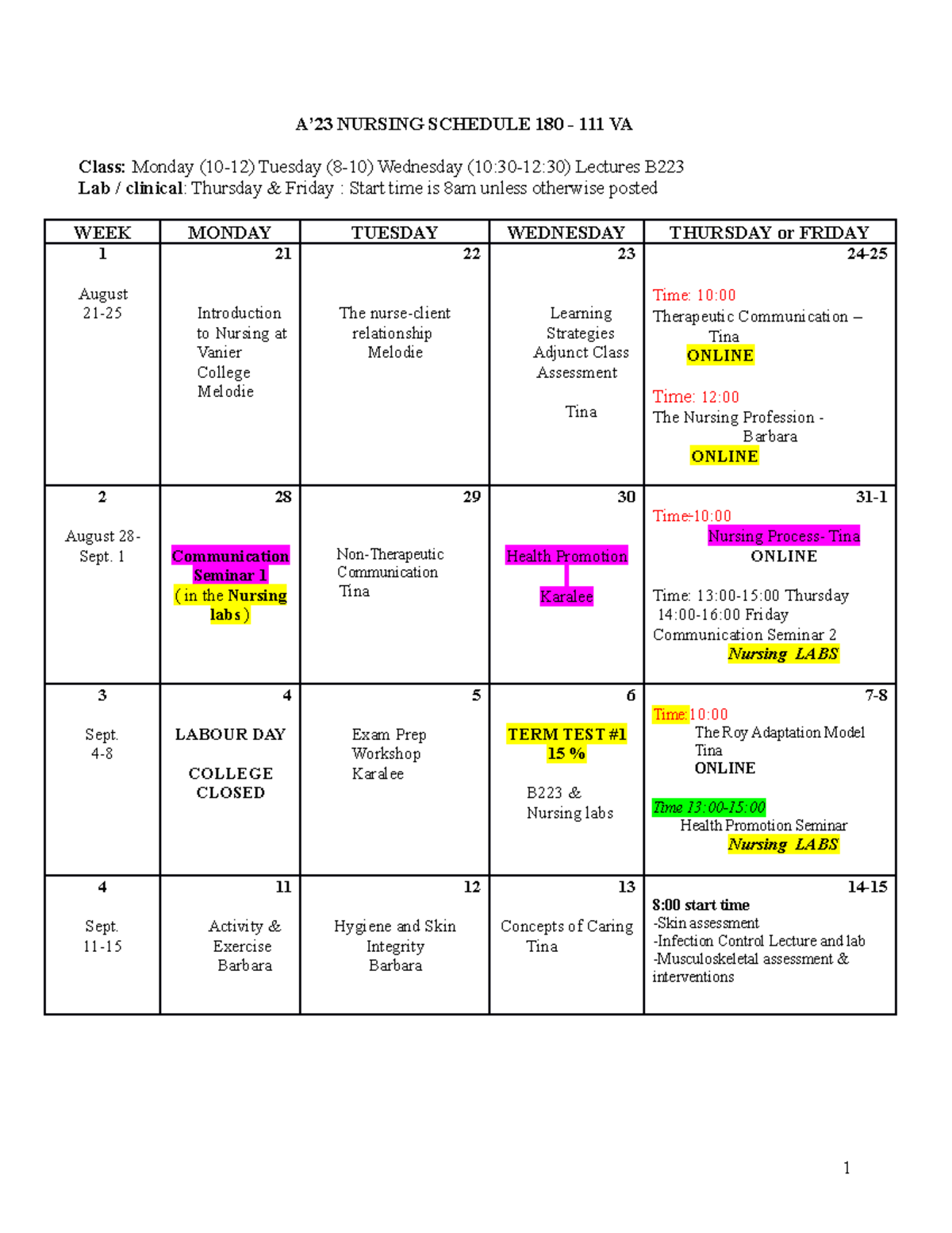A23 111 Student Schedule Version 2 - A’23 NURSING SCHEDULE 180 - 111 VA ...