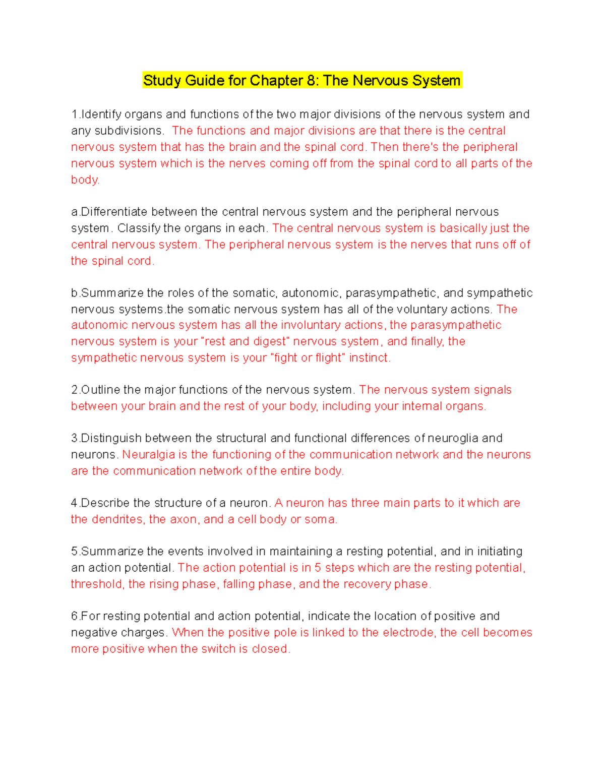 Study Guide for Chapter 8 The Nervous System - The functions and major ...