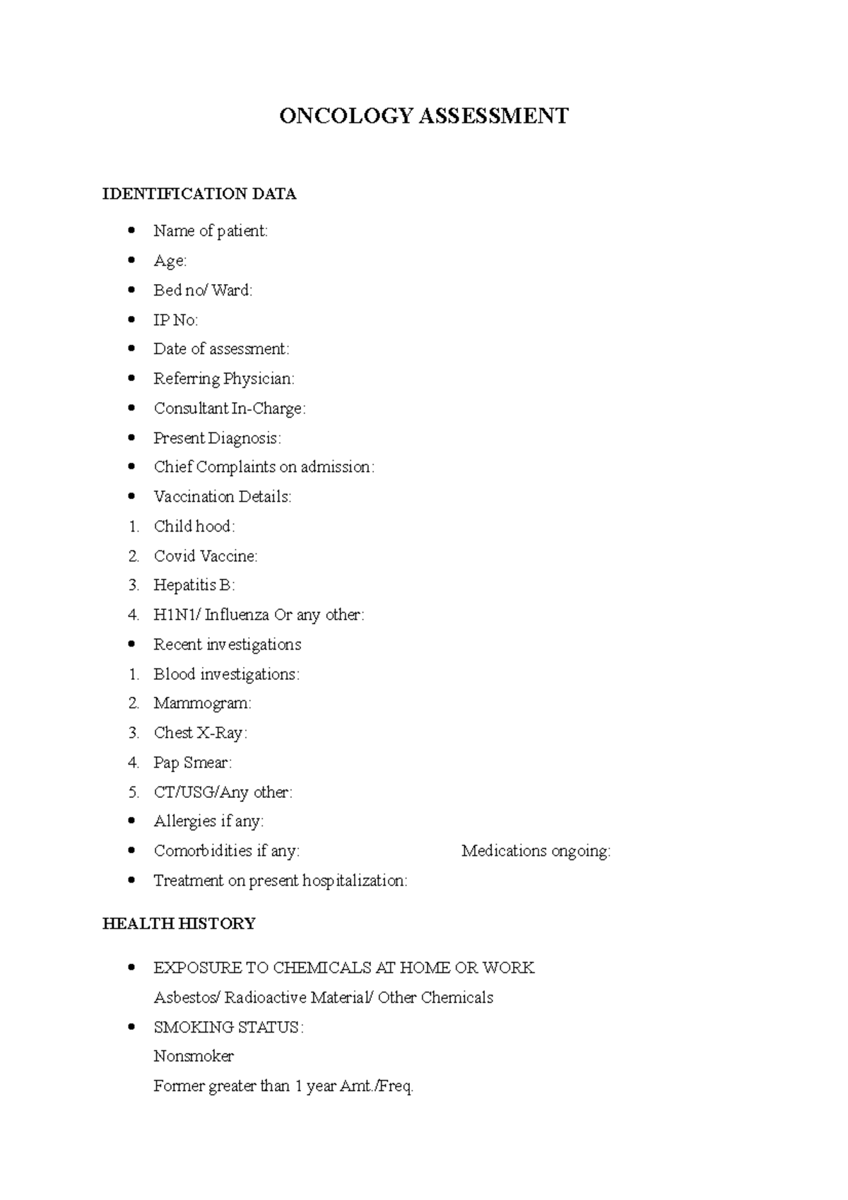 Onco assessment - 4 semester - ONCOLOGY ASSESSMENT IDENTIFICATION DATA ...