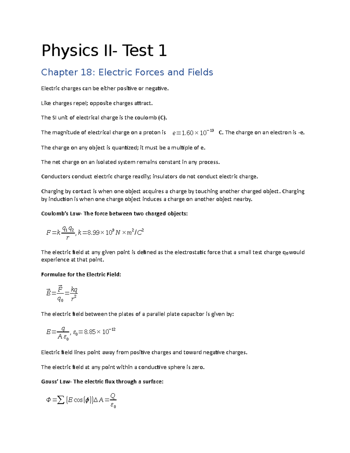 Part 1 - Summary General Physics Ii/Trig - Physics II- Test 1 Chapter ...
