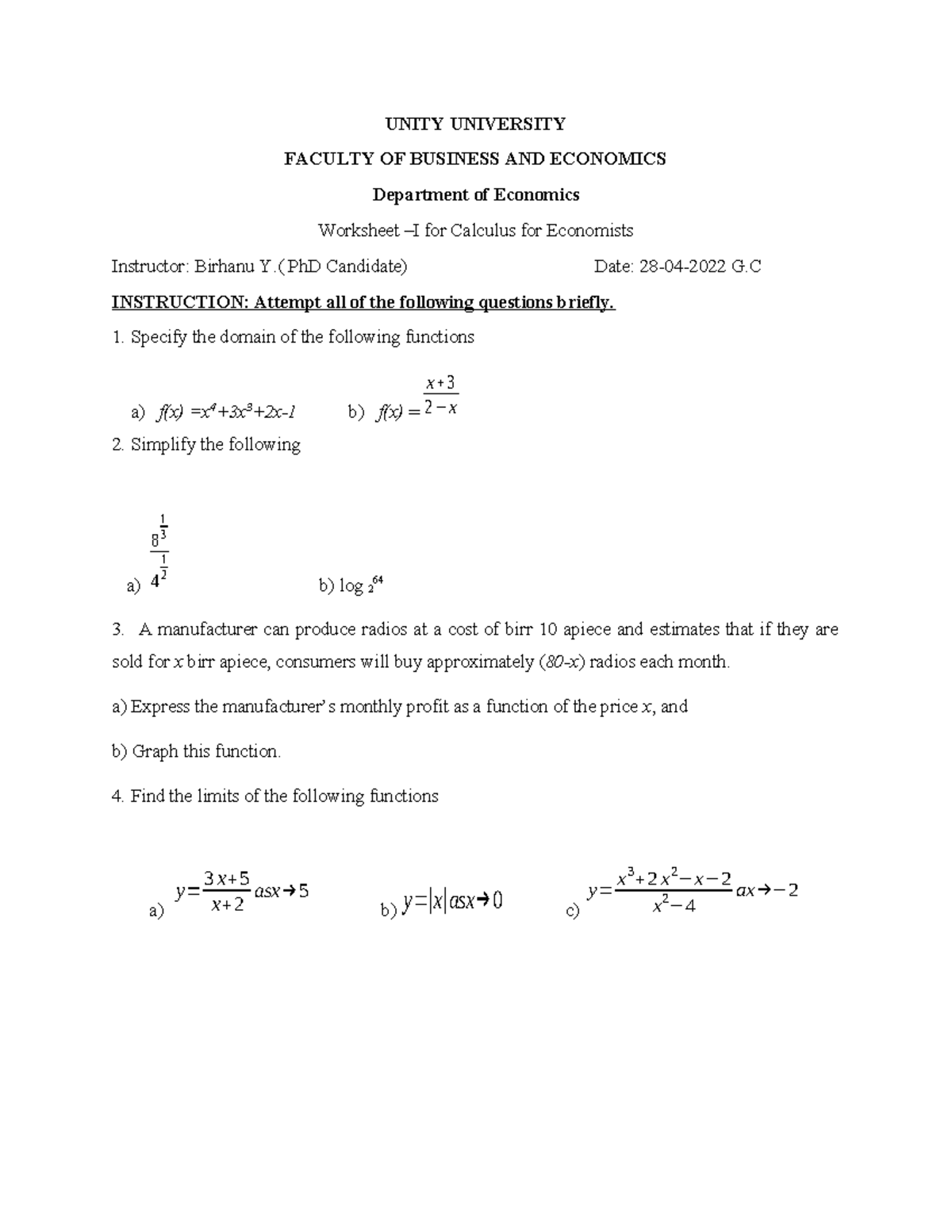 Assignment (Worksheet –I) for Calculus for Economists - UNITY ...