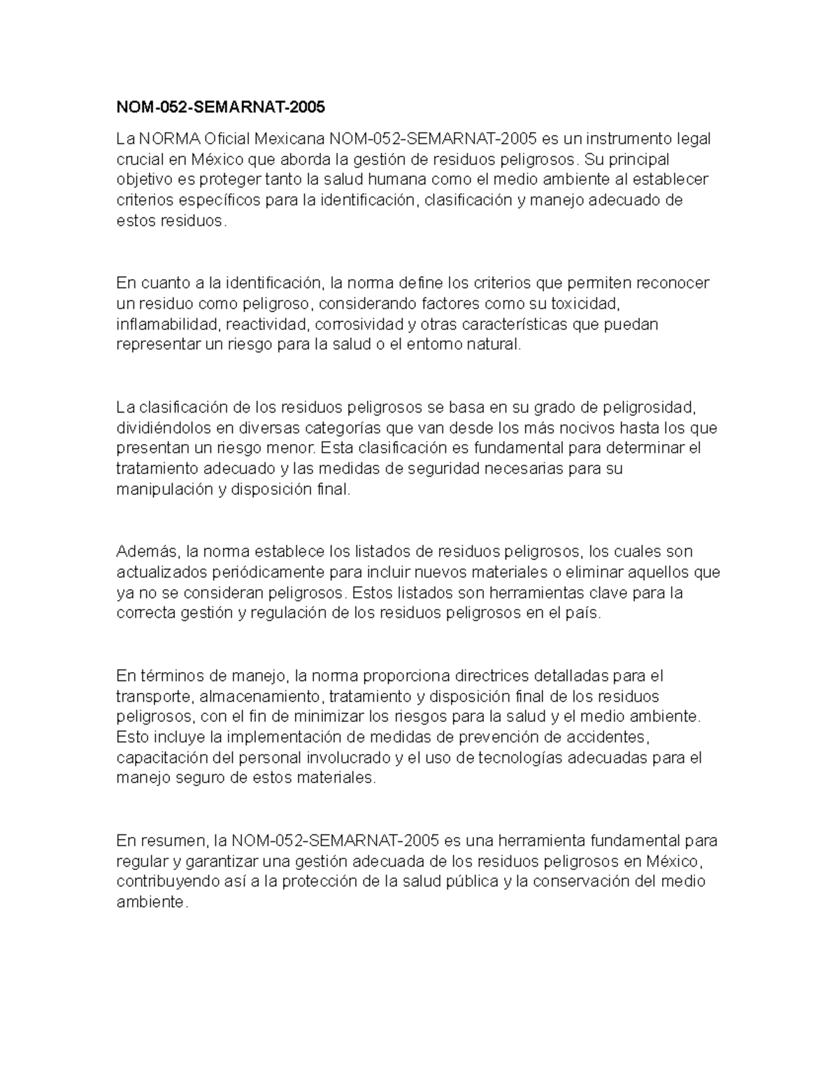 NOM - NOM-052-SEMARNAT- La NORMA Oficial Mexicana NOM-052-SEMARNAT-2005 es un instrumento legal ...