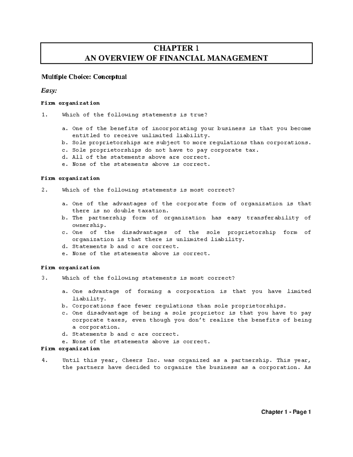 Seatwork 1 - CHAPTER 1 AN OVERVIEW OF FINANCIAL MANAGEMENT Multiple ...