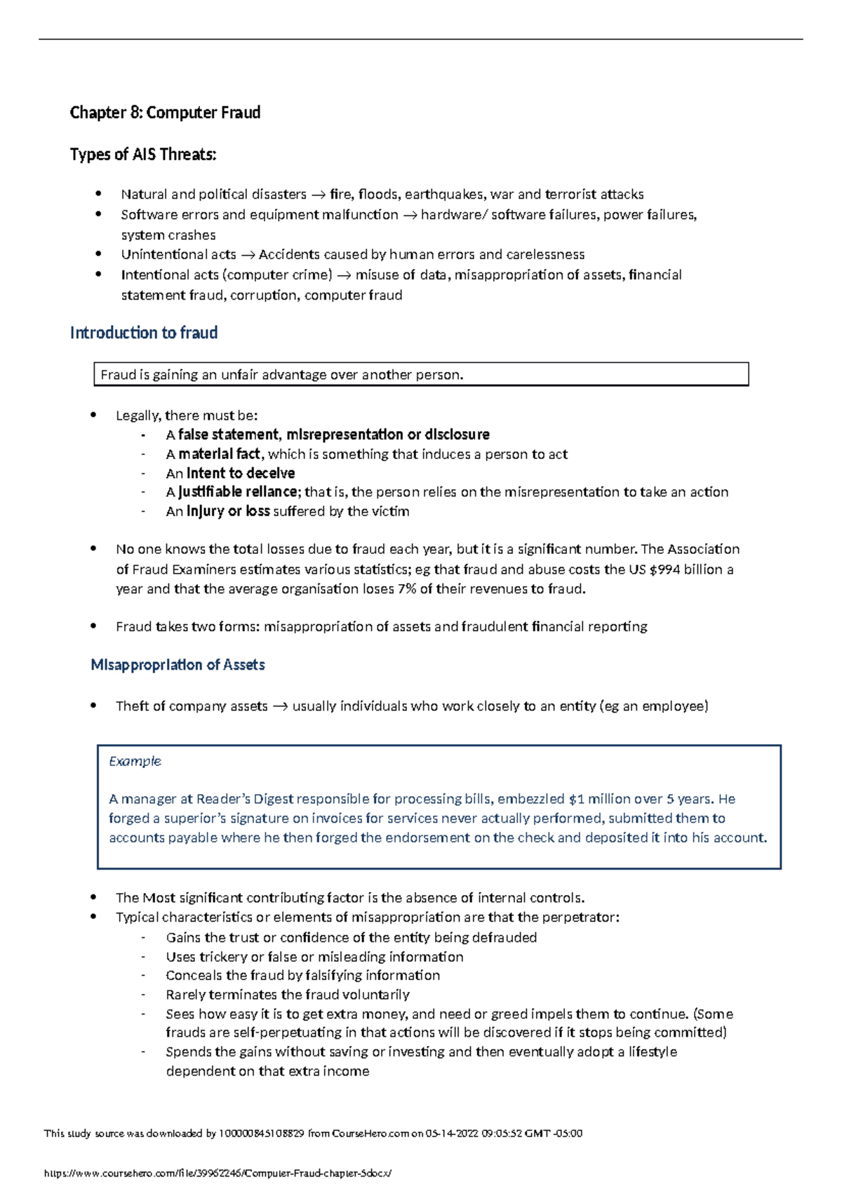 Computer Fraud chapter 5.docx - Chapter 8: Computer Fraud Types of AIS ...