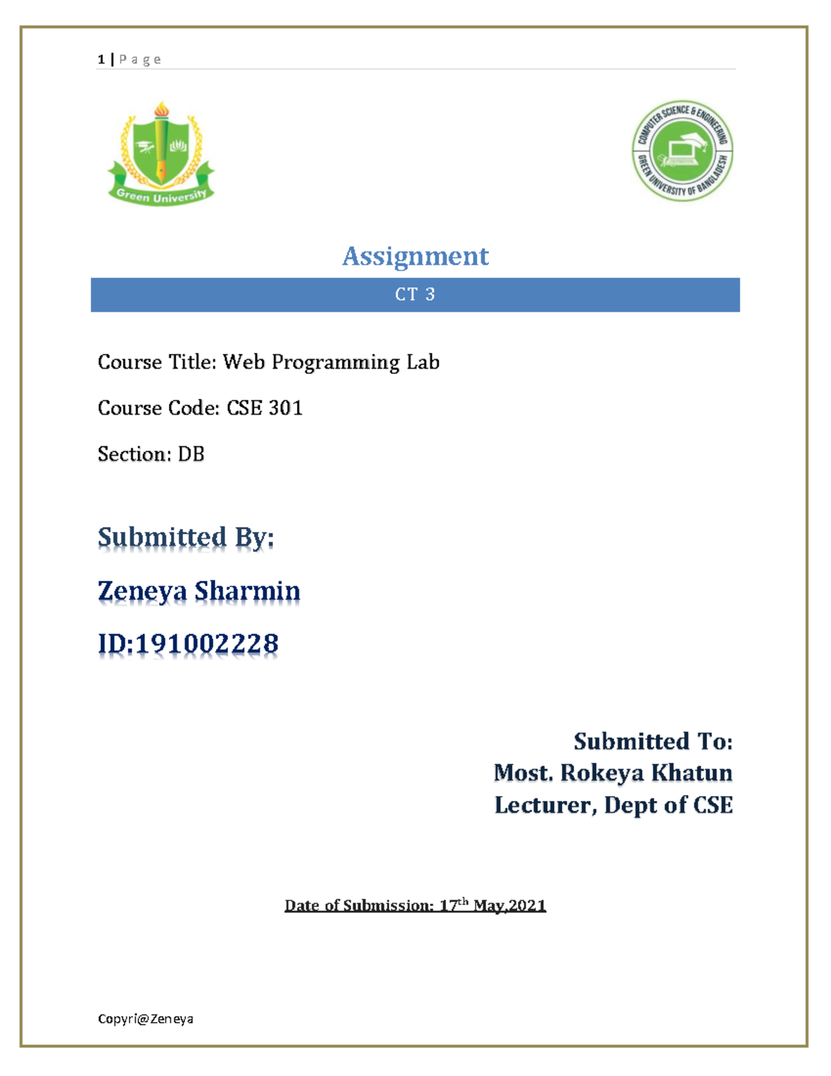 191002228 ct3pdf - it is the ct qstn solve - Assignment CT 3 Course Title: Web Programming Lab ...