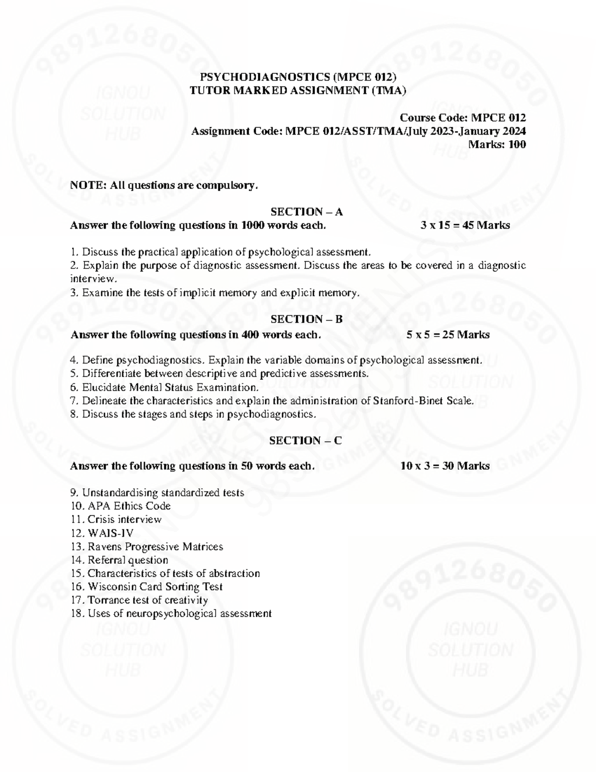 MPCE 12 2023 24 0c4zqt - MPCE 1w 2023 24 Assignment - PSYCHODIAGNOSTICS ...
