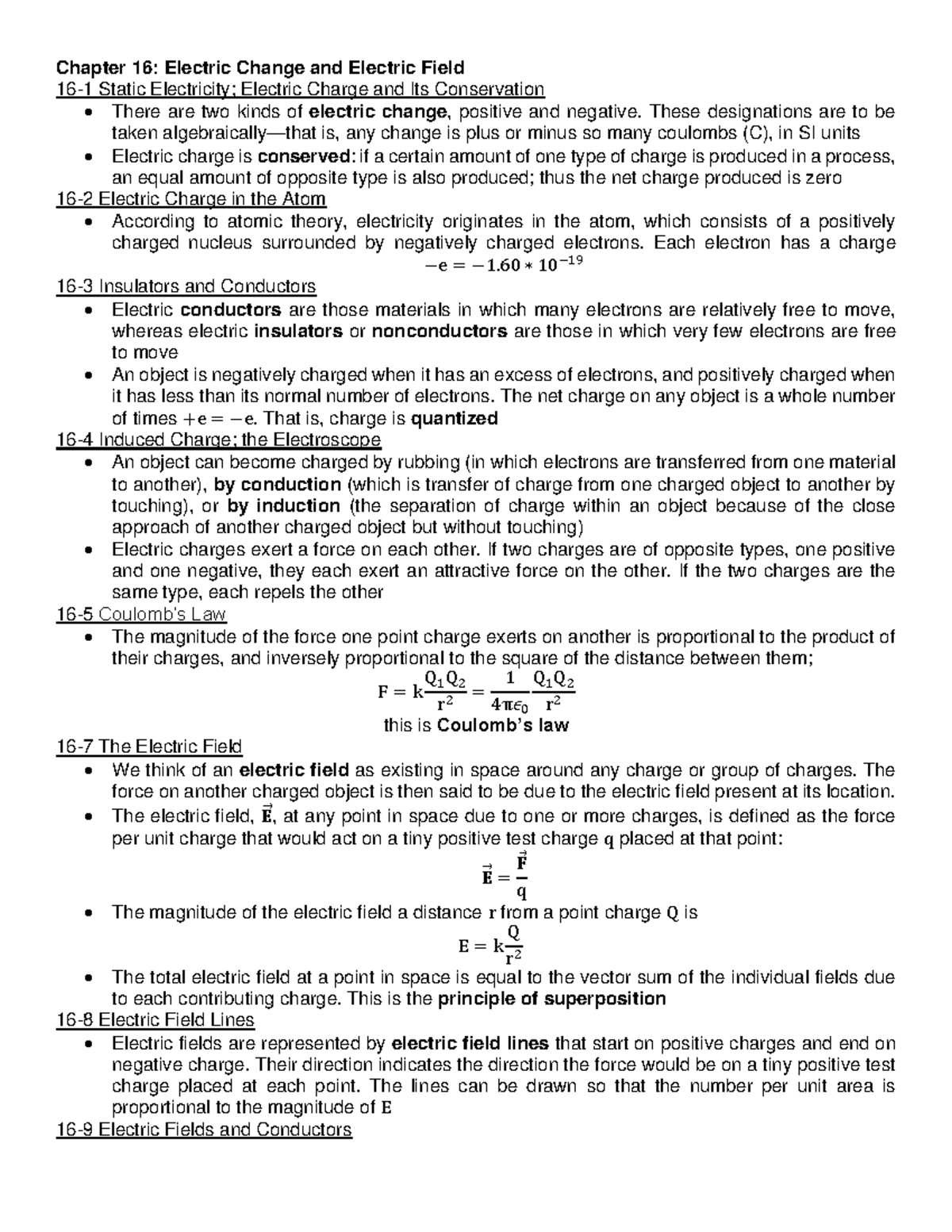 Phys 102 Final - Chapter 16: Electric Change and Electric Field 16 -1 ...