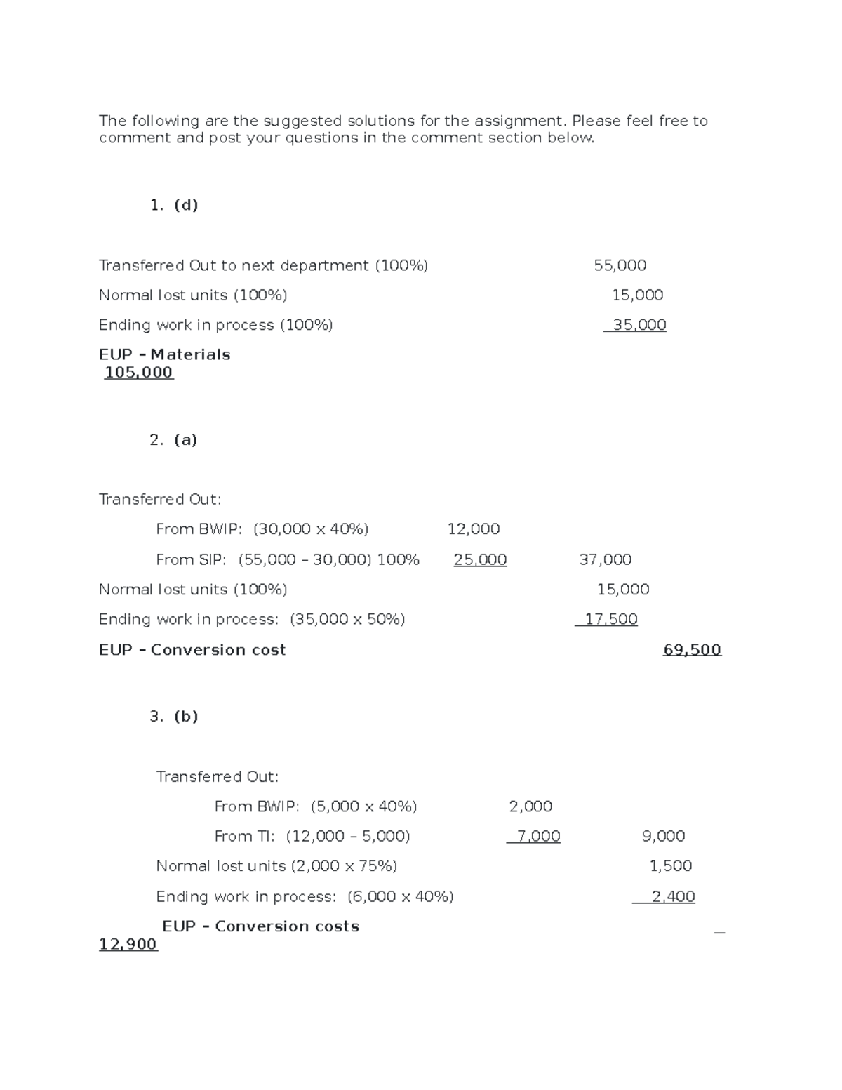 LOST Units Suggested Solutions for the Assignment - The following are ...