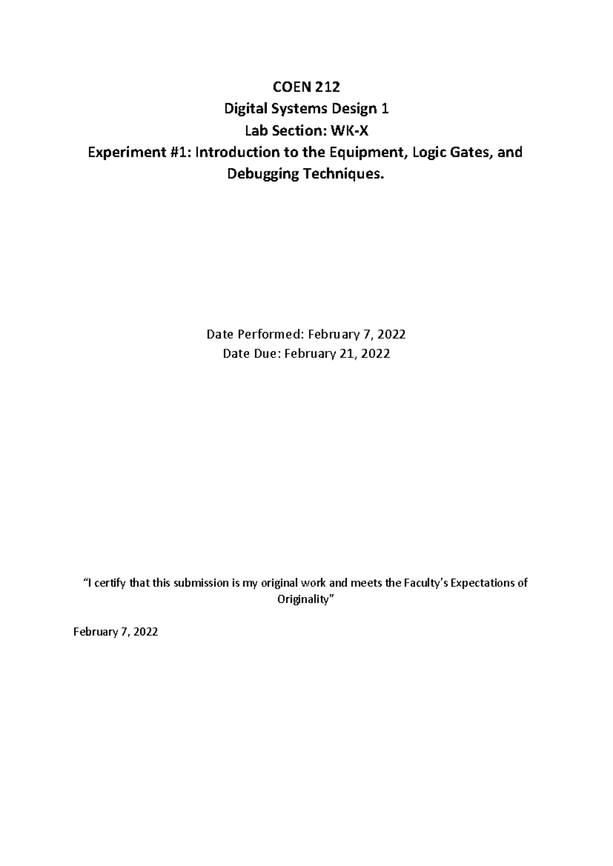 COEN 212 Lab 1 - COEN 212 Lab 1 - COEN 212 Digital Systems Design 1 Lab ...