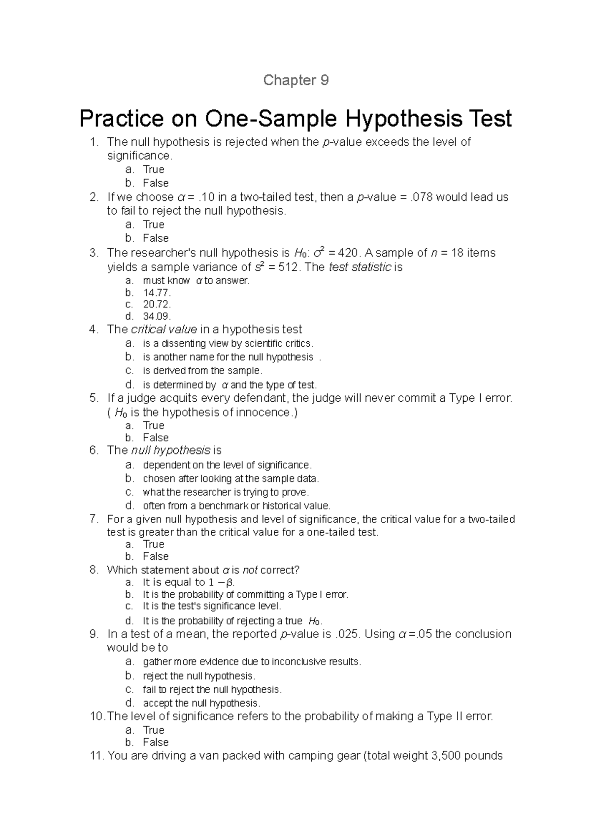 MAT102 Chapter 9 Practice On One-Sample Hypothesis Test - Statistics ...