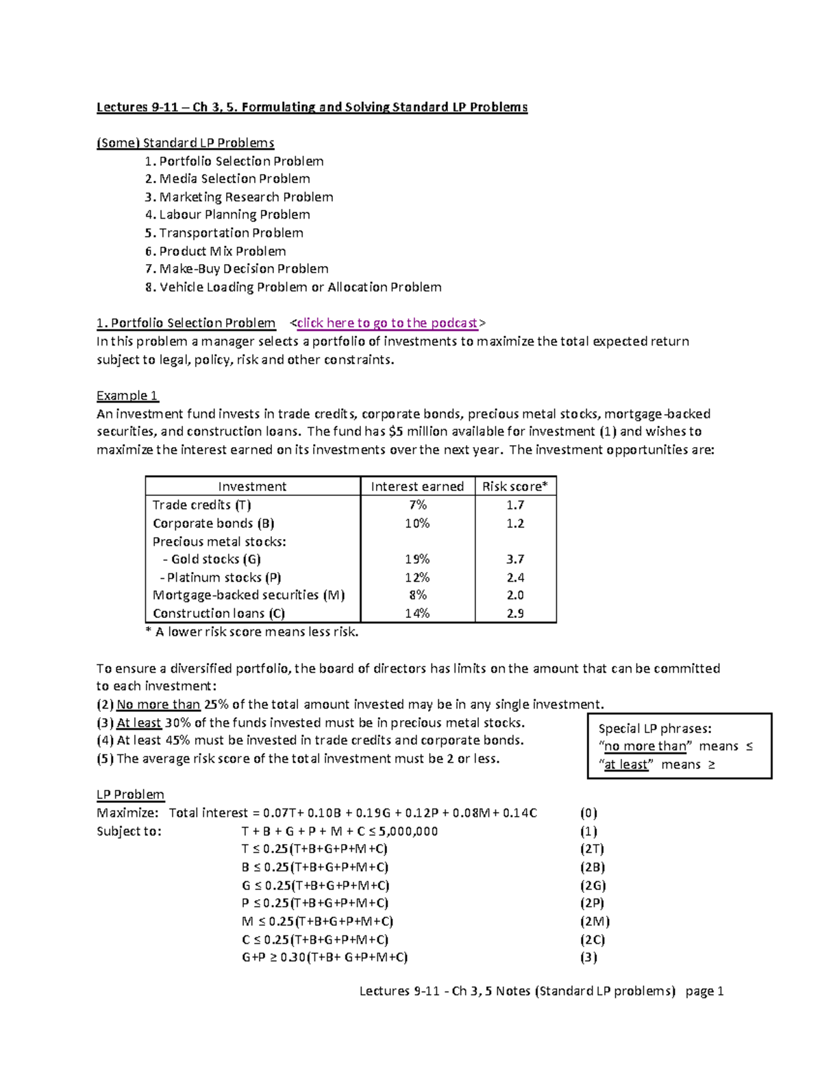 Lectures 9-11 - Ch 3,5 Notes (standard LP problems) - 2022 - Lectures 9 ...