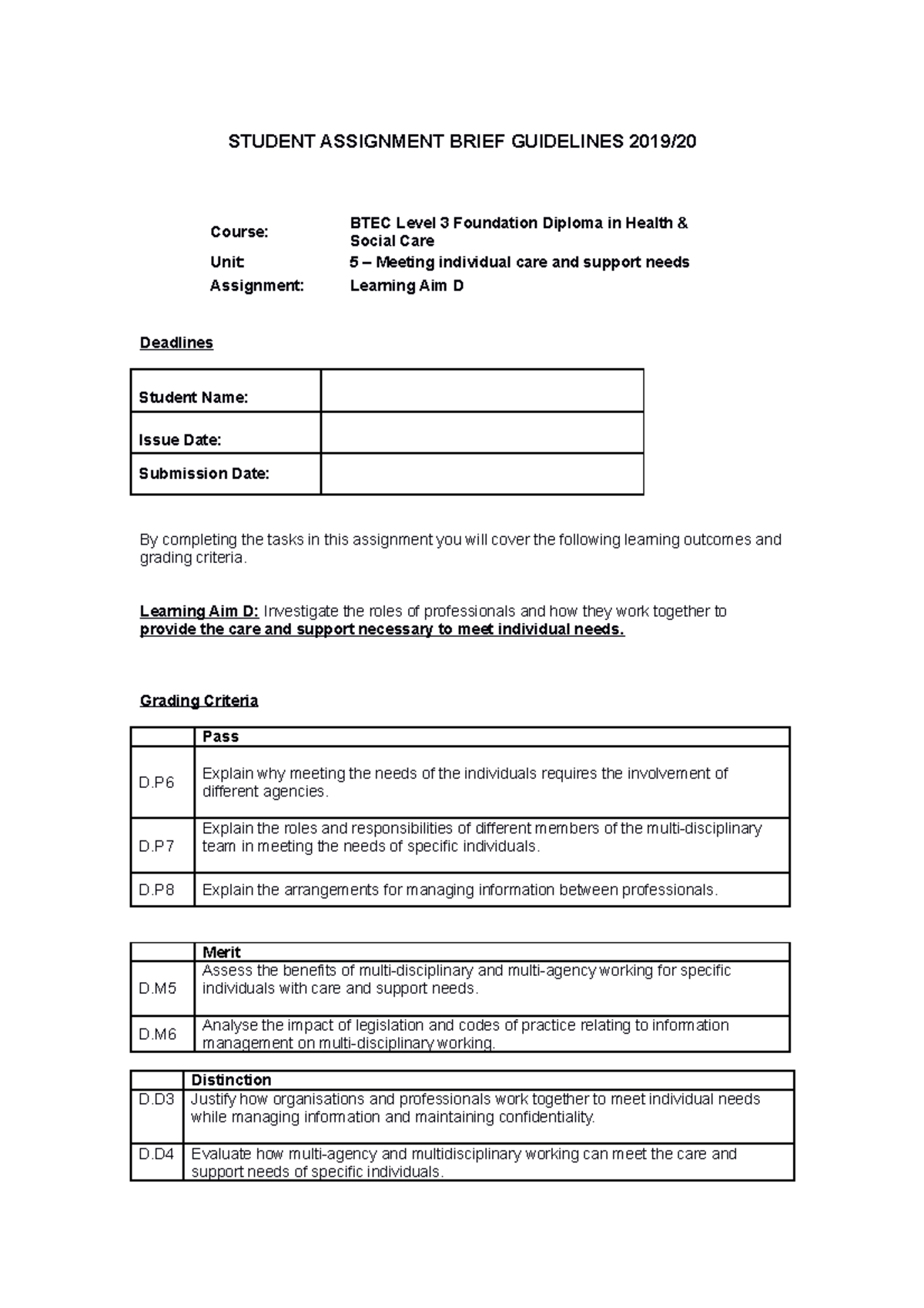 Assignment learning aim D (1) - STUDENT ASSIGNMENT BRIEF GUIDELINES ...