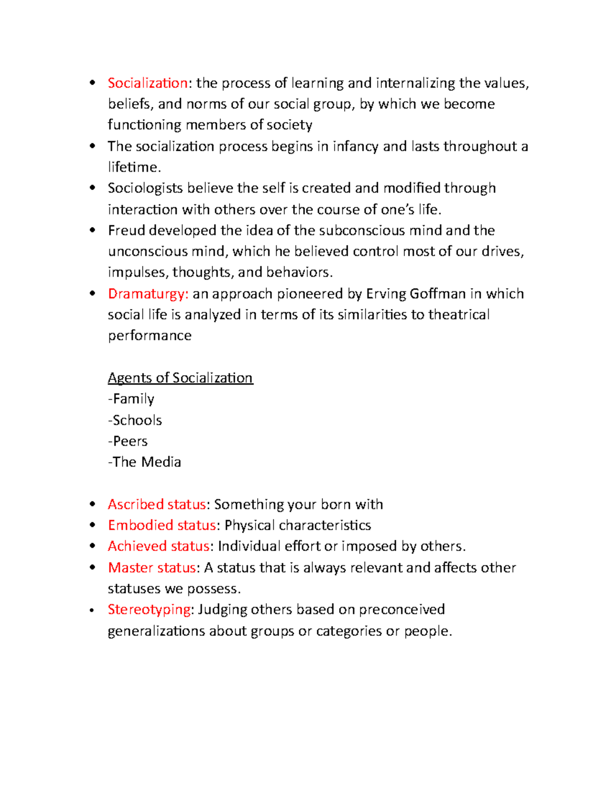 Soci notes - Socialization: the process of learning and internalizing ...