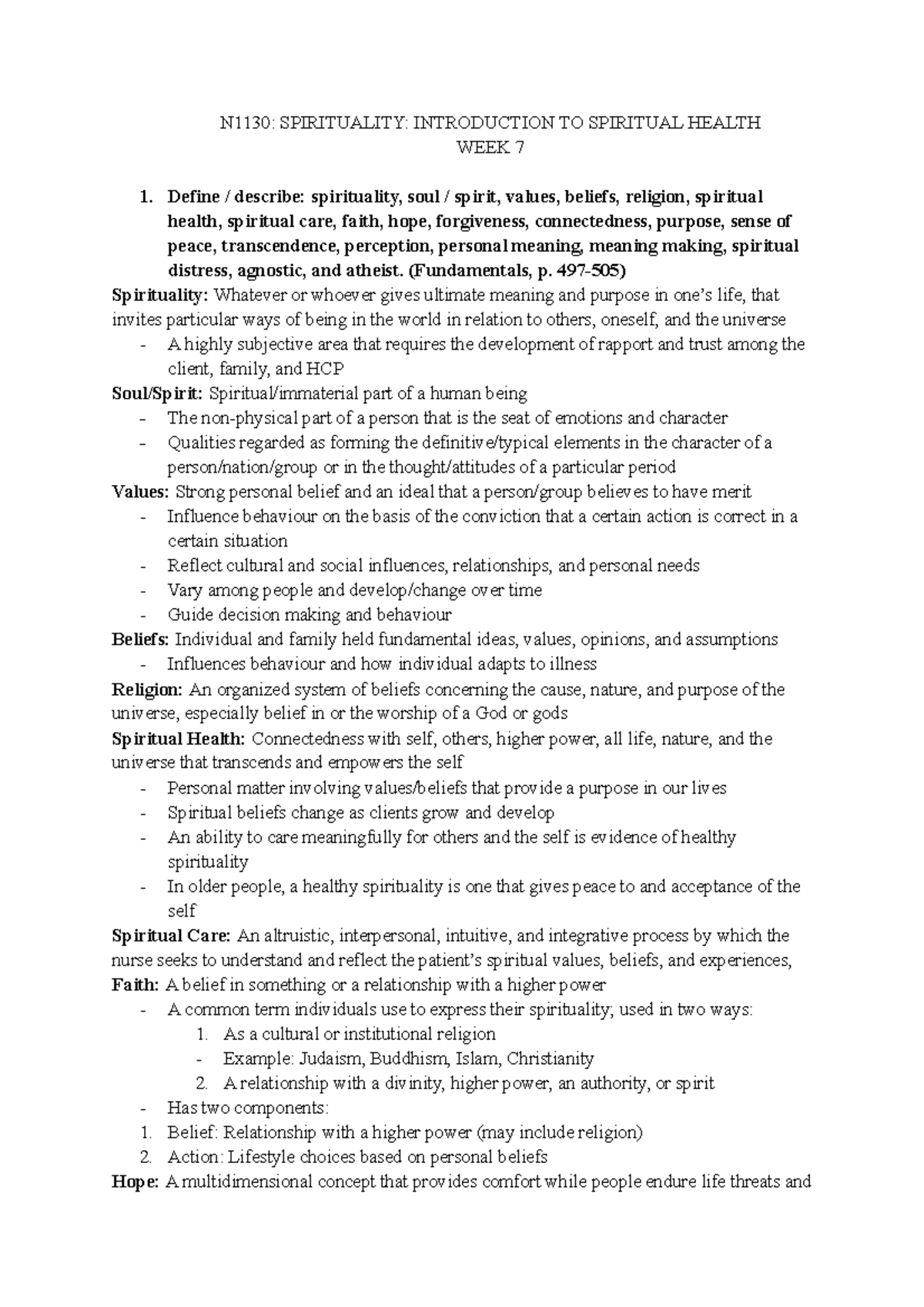 N1130 WEEK 7 - Spirituality Introduction to Spiritual Health - N1130 ...