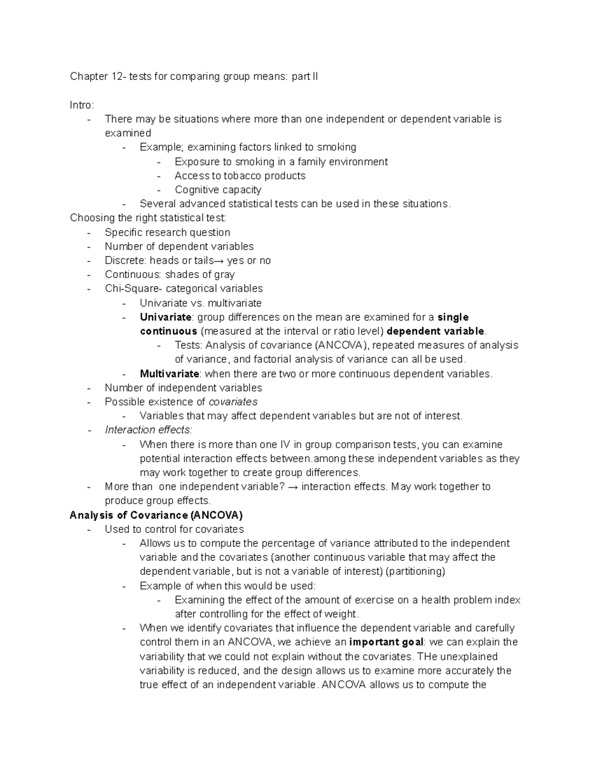 Chapter 12 Stats Lecture Notes Involving Parametric Tests And How To