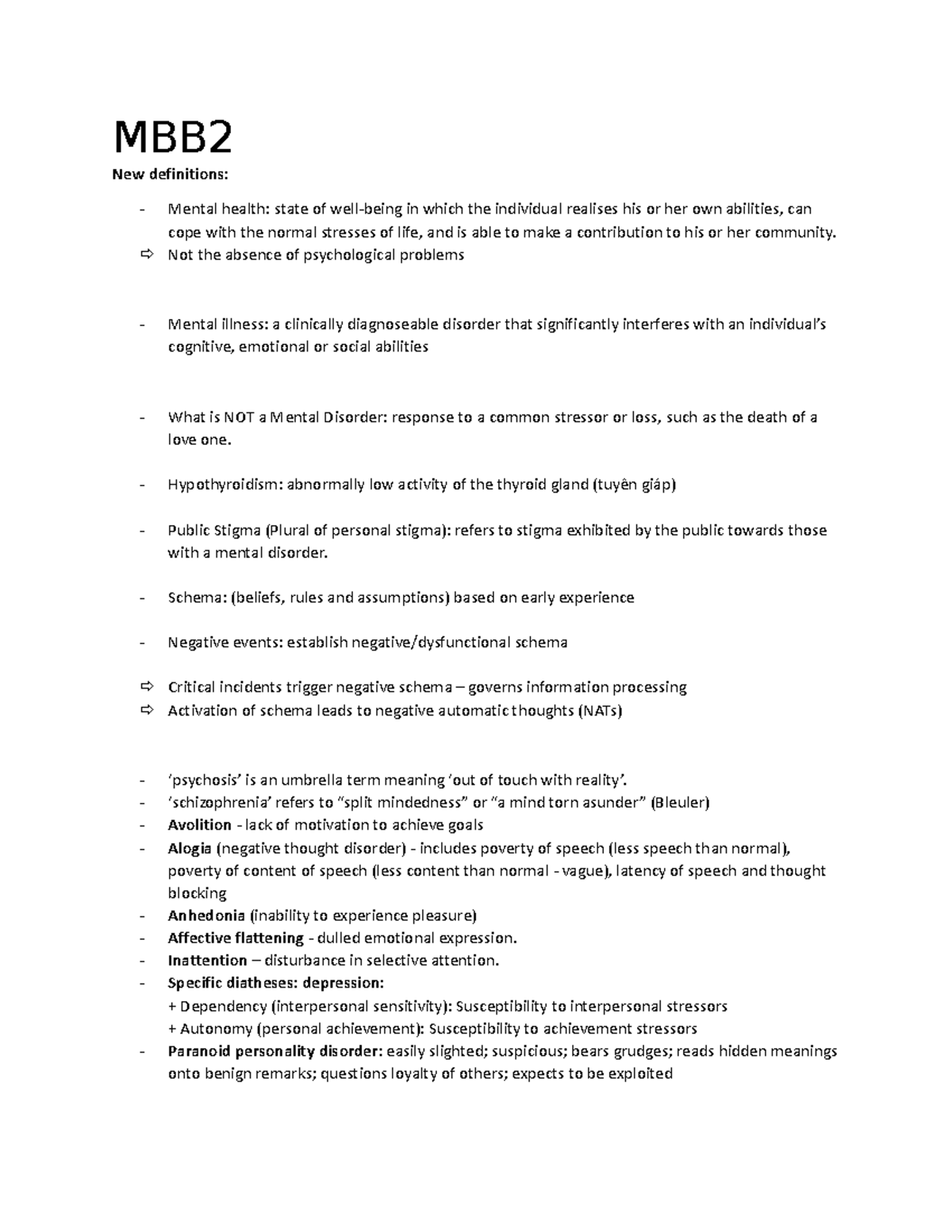 MBB2 - A note from lecture 1 -5 - MBB New definitions: - Mental health ...