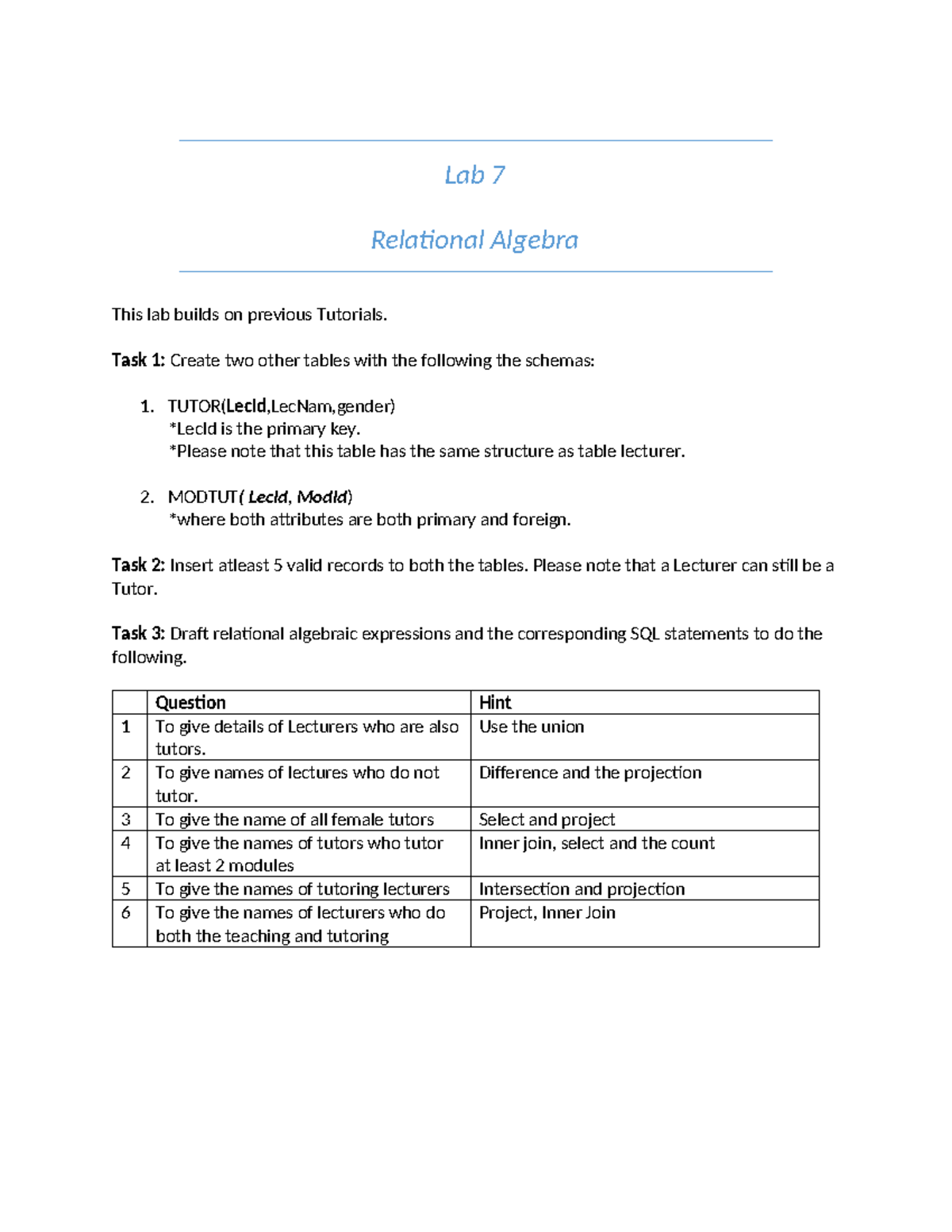 Lab 7- Relational Algebra Tutorial - Lab 7 Relational Algebra This lab ...