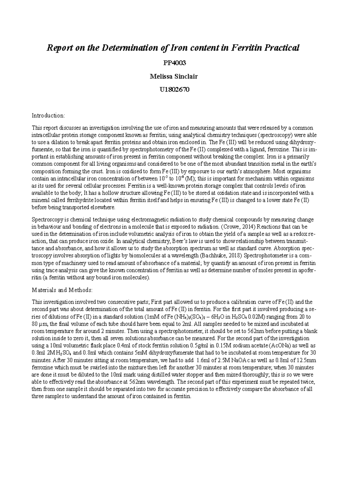 Report on the Determination of Iron content in Ferritin Practical - The ...