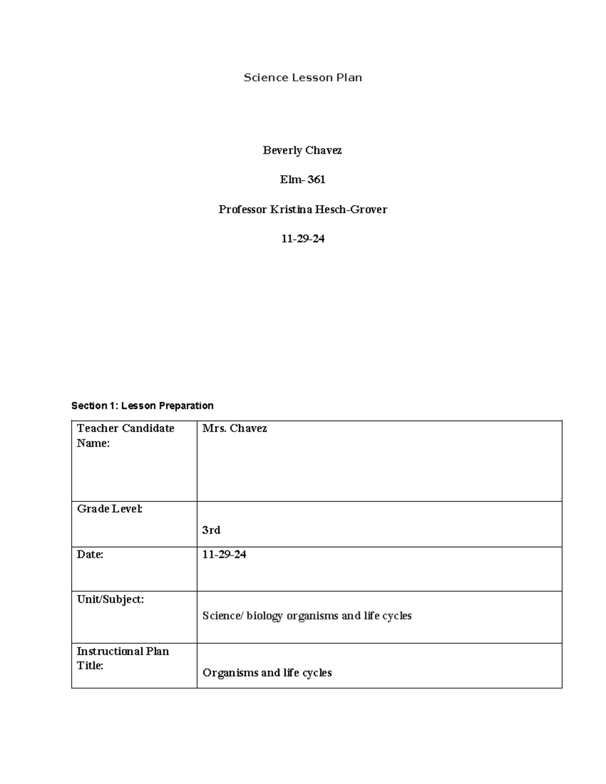 Sciencelessonplancomplete - Science Lesson Plan Beverly Chavez Elm- 361 Professor Kristina - Studocu