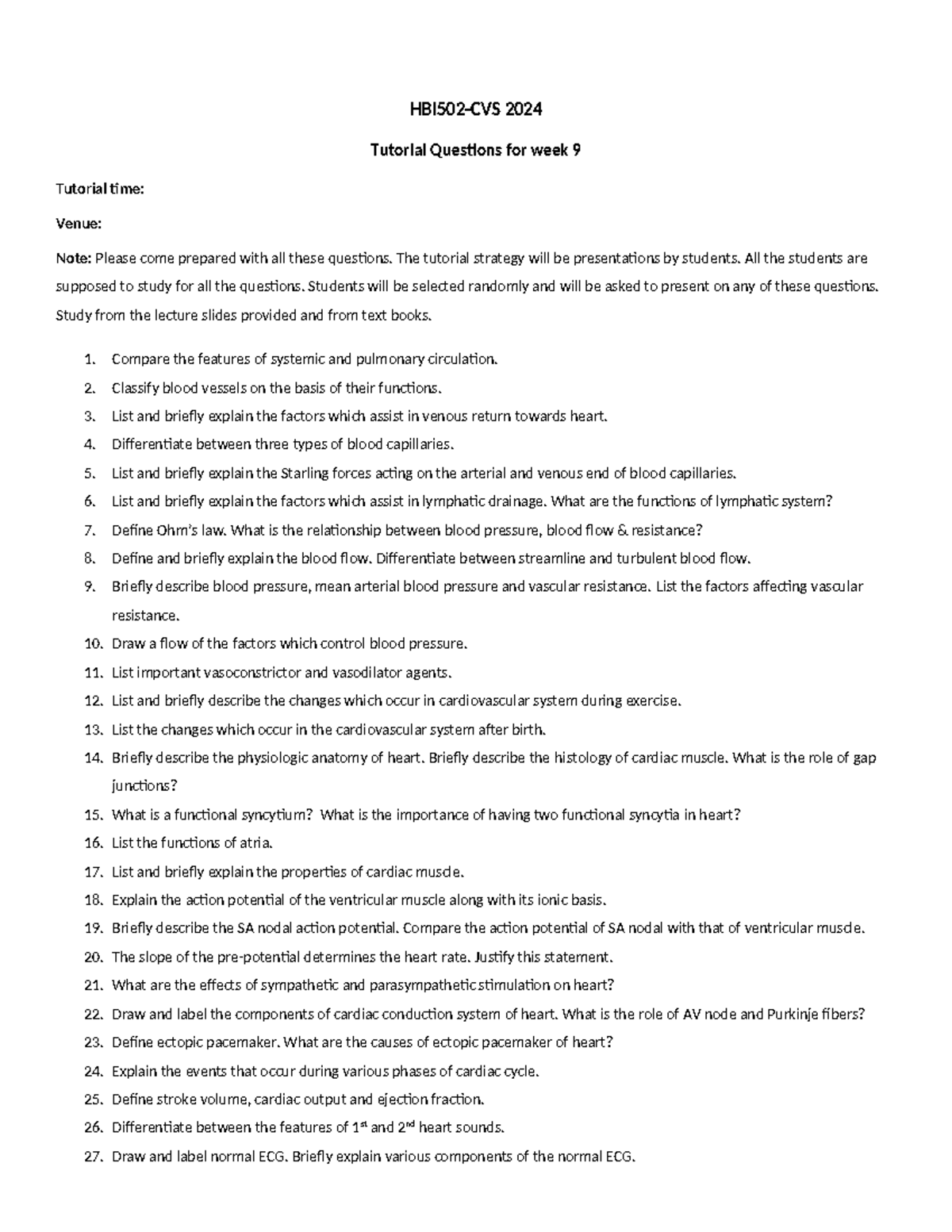 Tutorial Qs-HBI 502-2024 -CVS - HBI502-CVS 2024 Tutorial Questions for ...